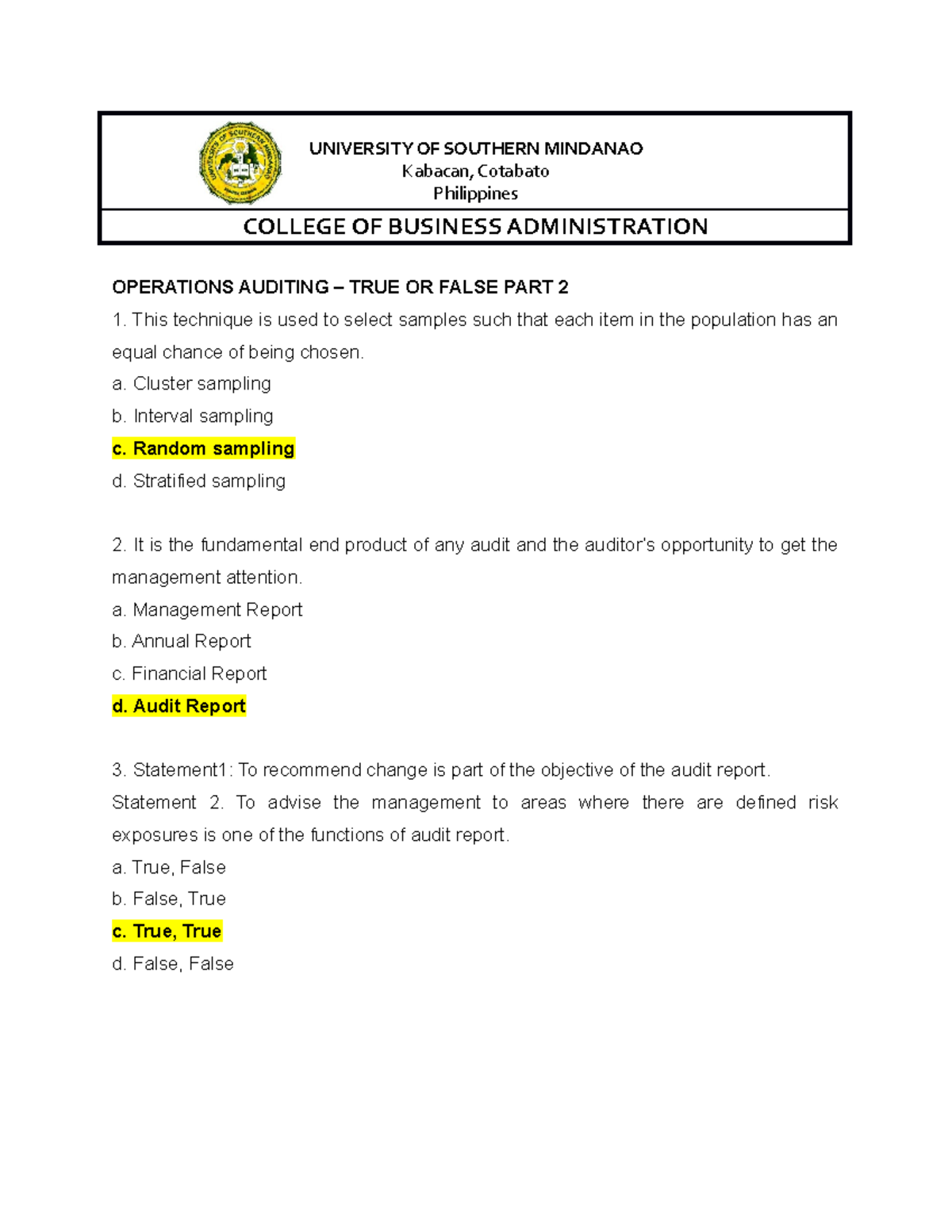 Operations Auditing – TRUE OR False PART 2 - UNIVERSITY OF SOUTHERN MINDANAO Kabacan, Cotabato ...
