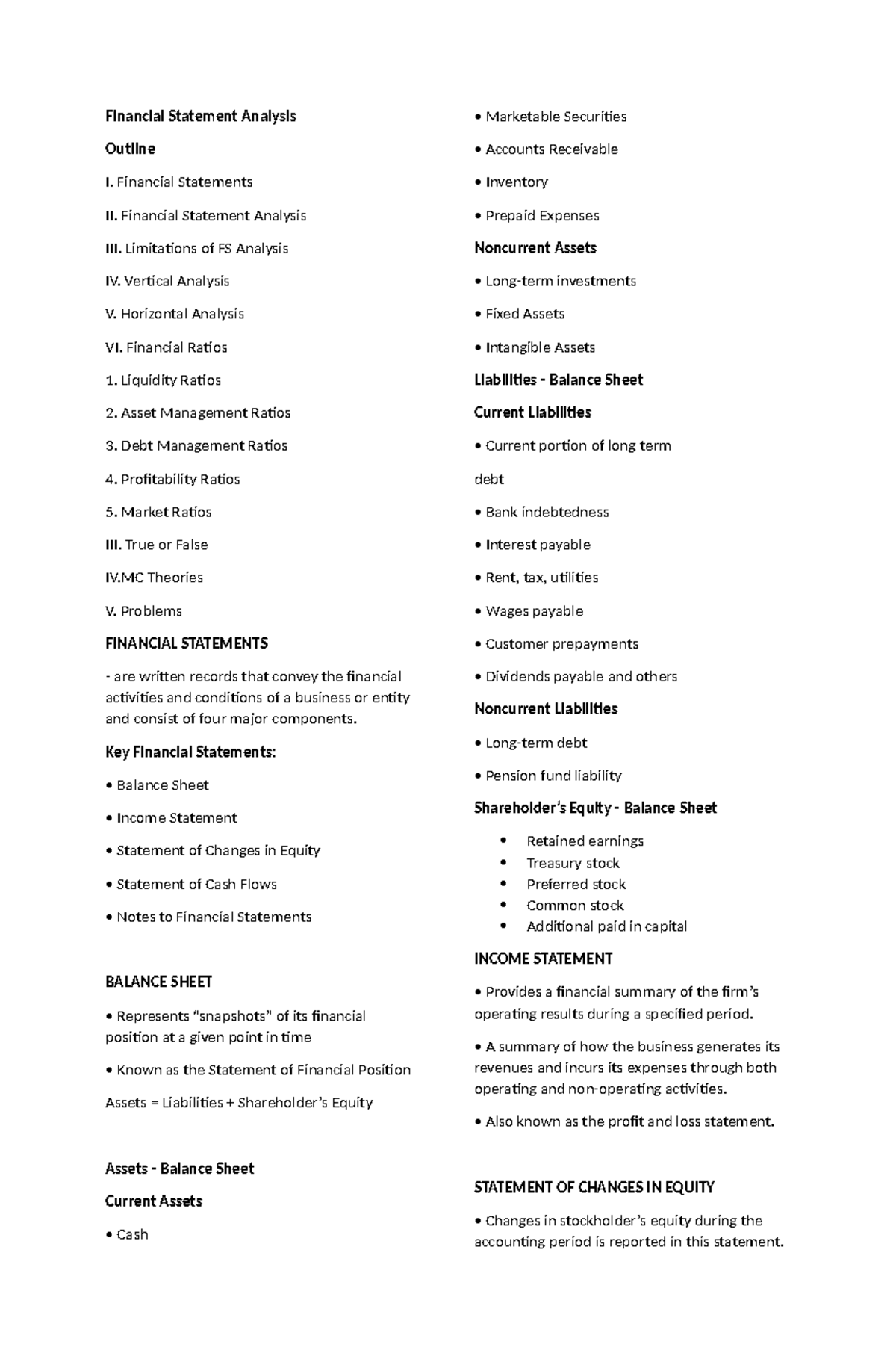 Financial Statement Analysis - Financial Statement Analysis Outline I ...