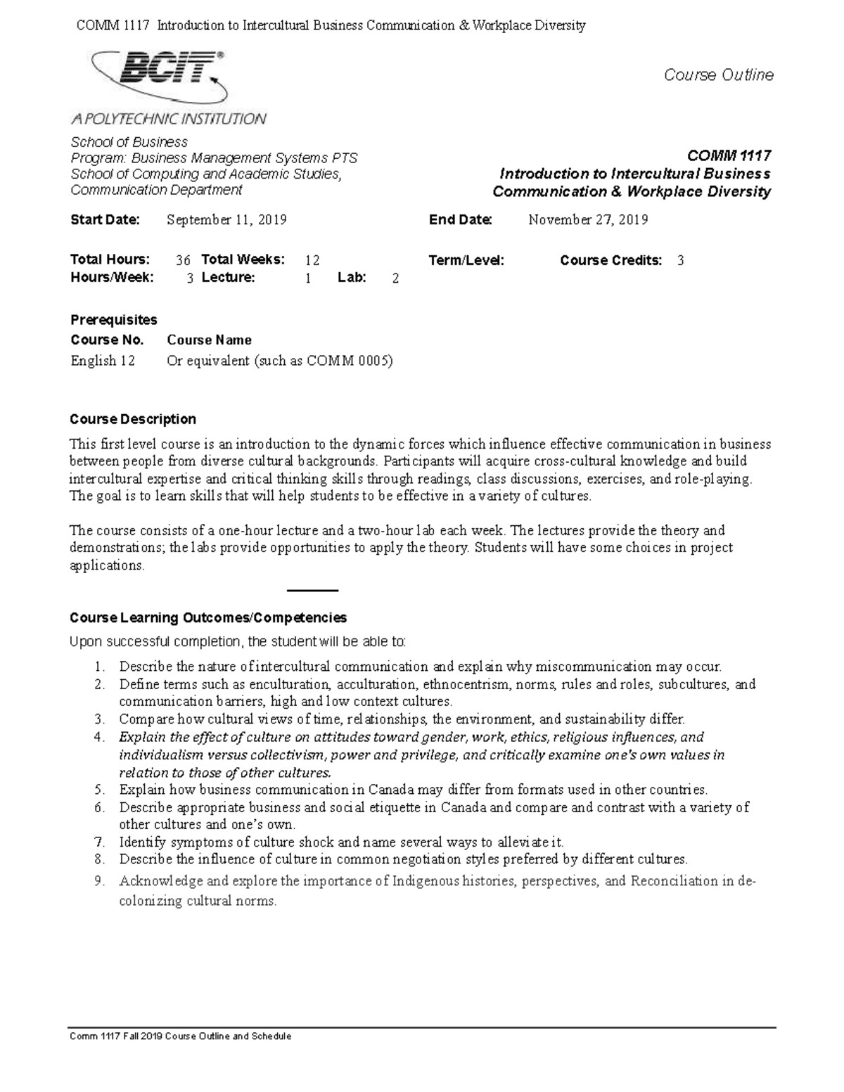 COMM 1117 Course Outline Fall 2019 - COMM 1117 - BCIT - Studocu