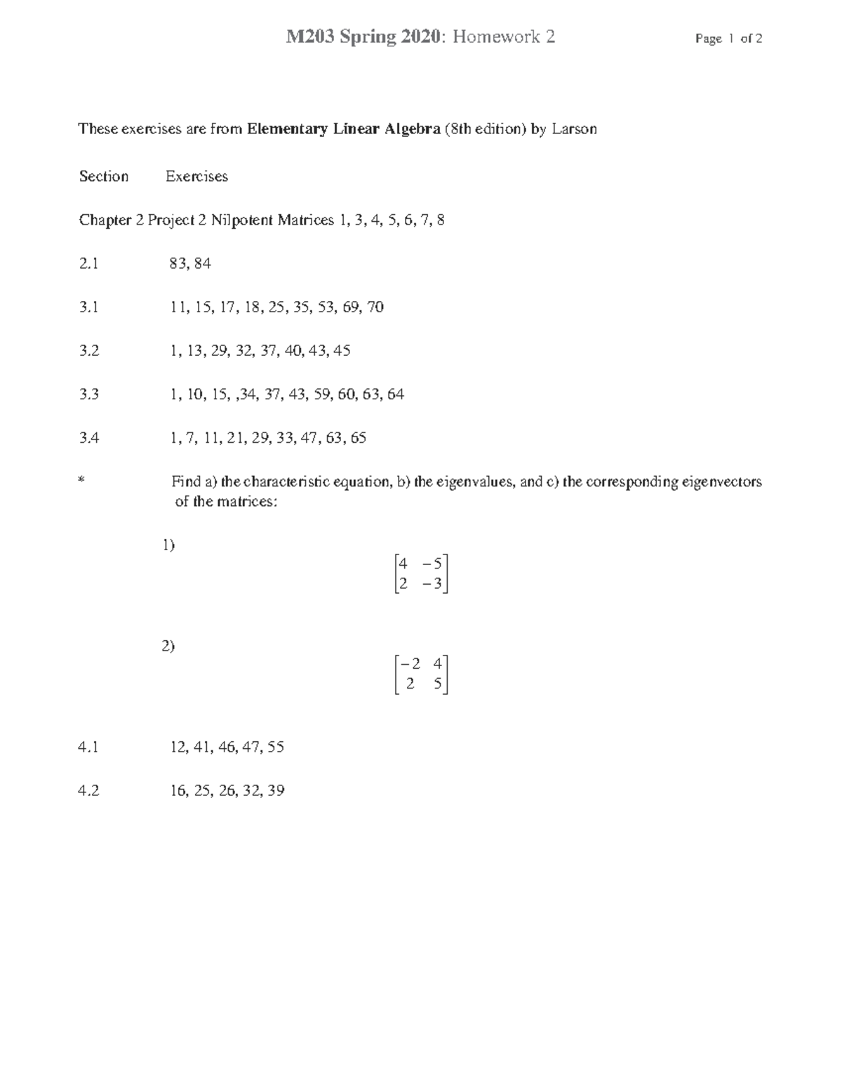 M203 Spring 2020 Homework 2 - M203 Spring 2020: Homework 2 Page 1 of 2 These exercises are - Studocu