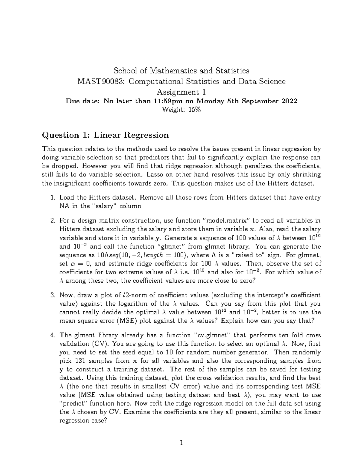 Assignment 1 - xxx - School of Mathematics and Statistics MAST90083: Computational Statistics ...
