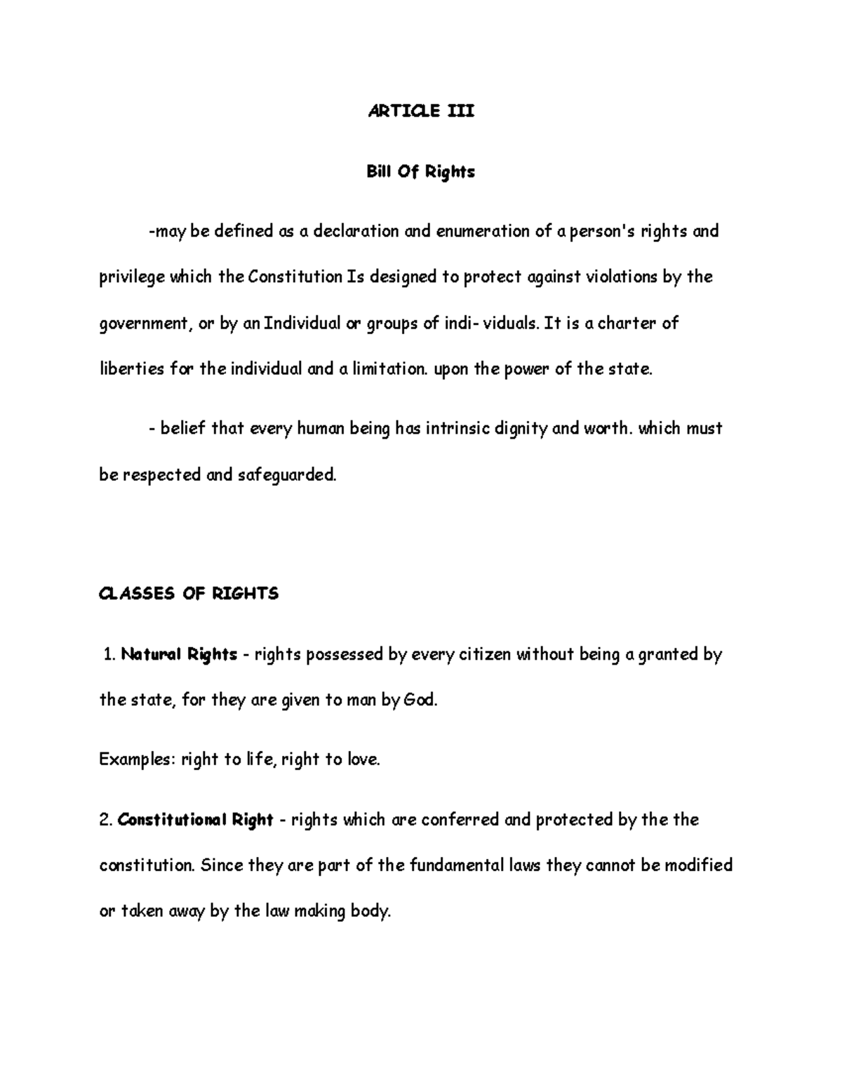 Article III - ARTICLE III Bill Of Rights -may be defined as a ...