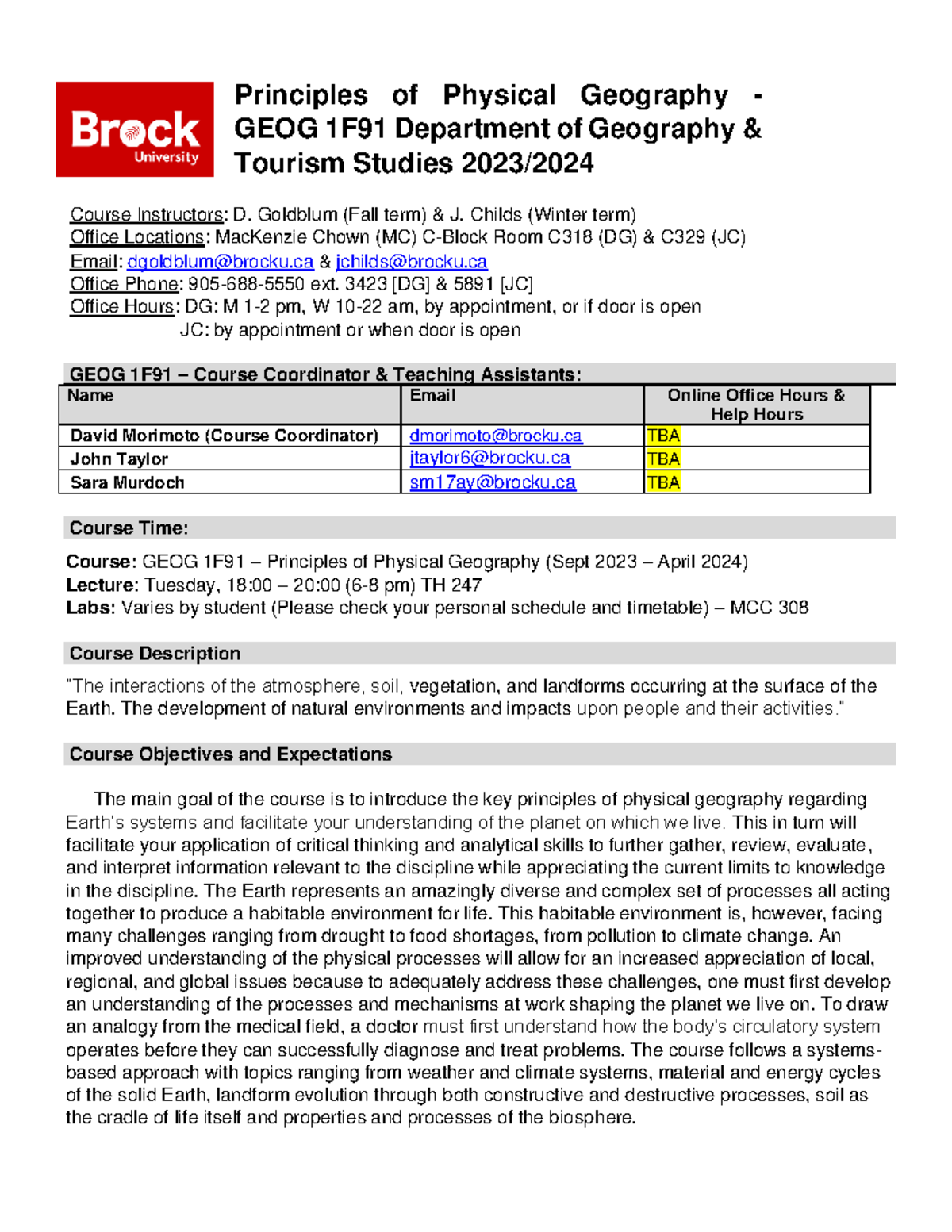GEOG 1F91 Course outline 2023-2024 - Copy - Principles of Physical ...