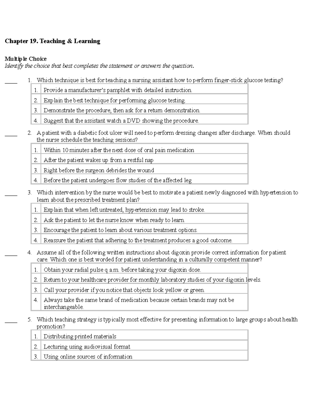 fundamentals of nursing - Chapter 19. Teaching & Learning Multiple ...