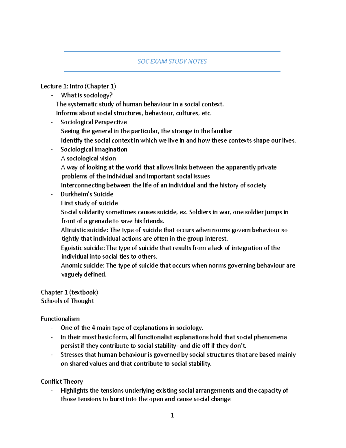 SOC100 Exam Notes - 1 SOC EXAM STUDY NOTES Lecture 1: Intro (Chapter 1 ...