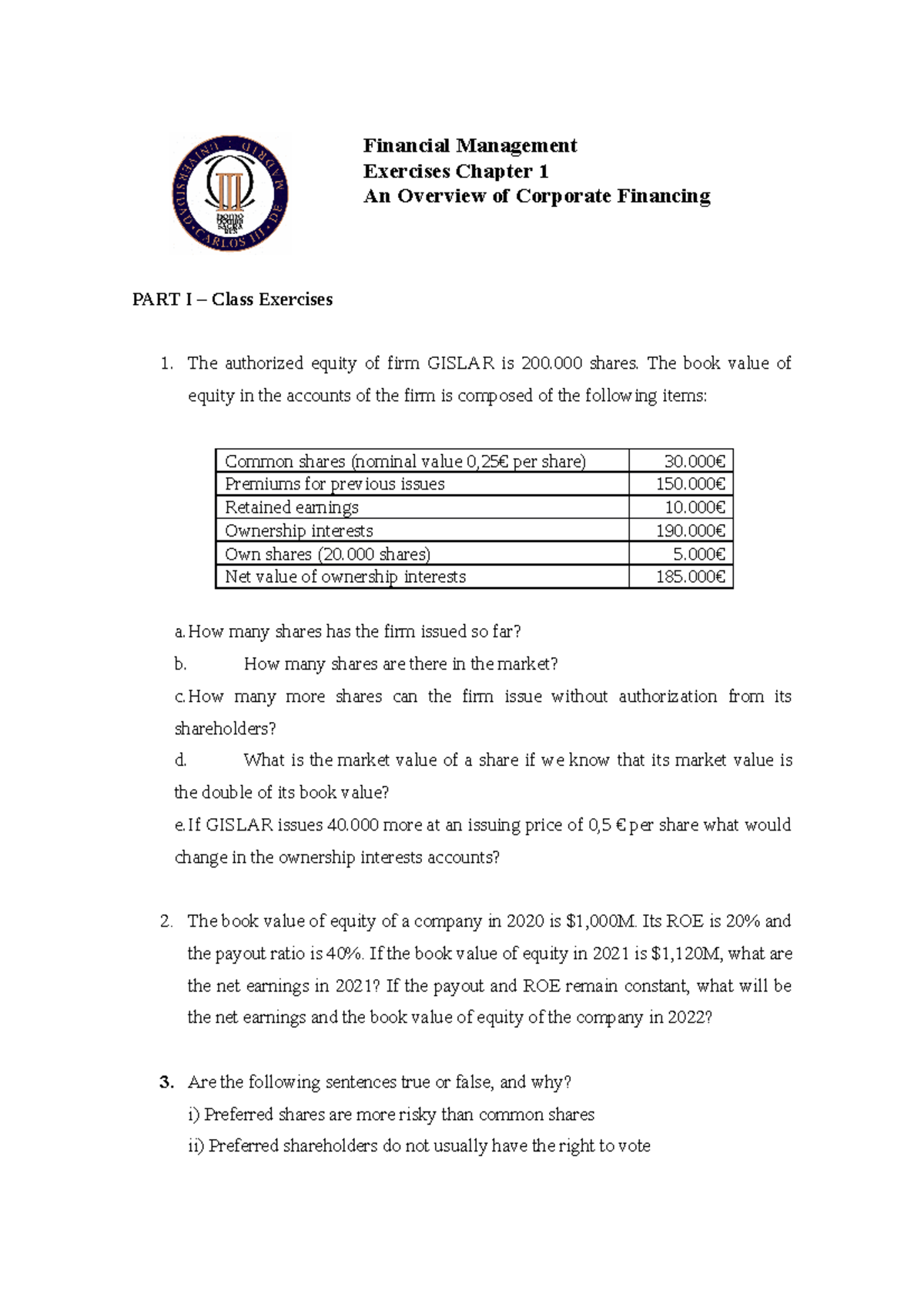 Chapter 1 - exercises to do as a homework - Financial Management ...