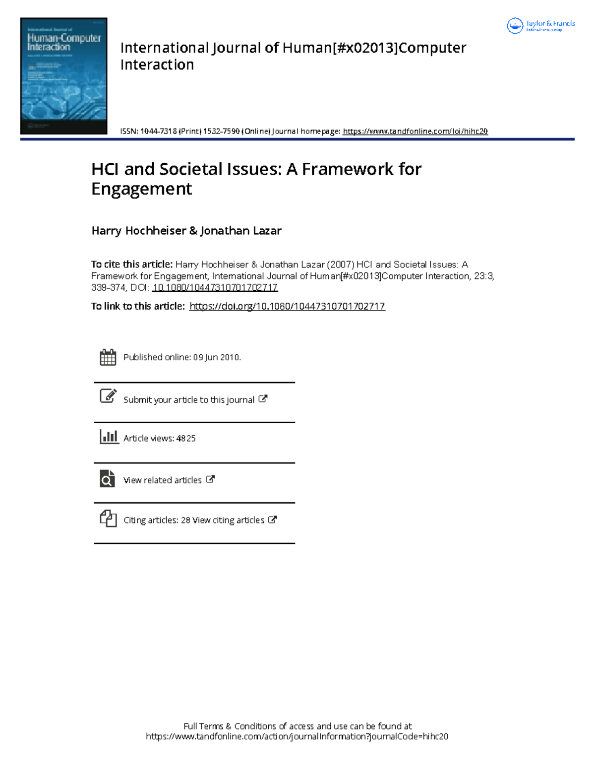HCI and Societal Issues A Framework for Engagement - Full Terms ...