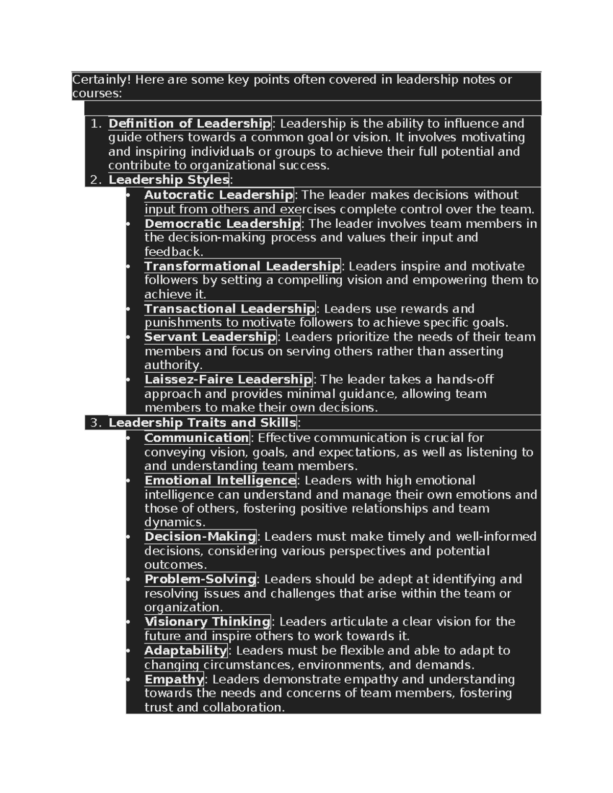 Leadership - Certainly! Here are some key points often covered in ...