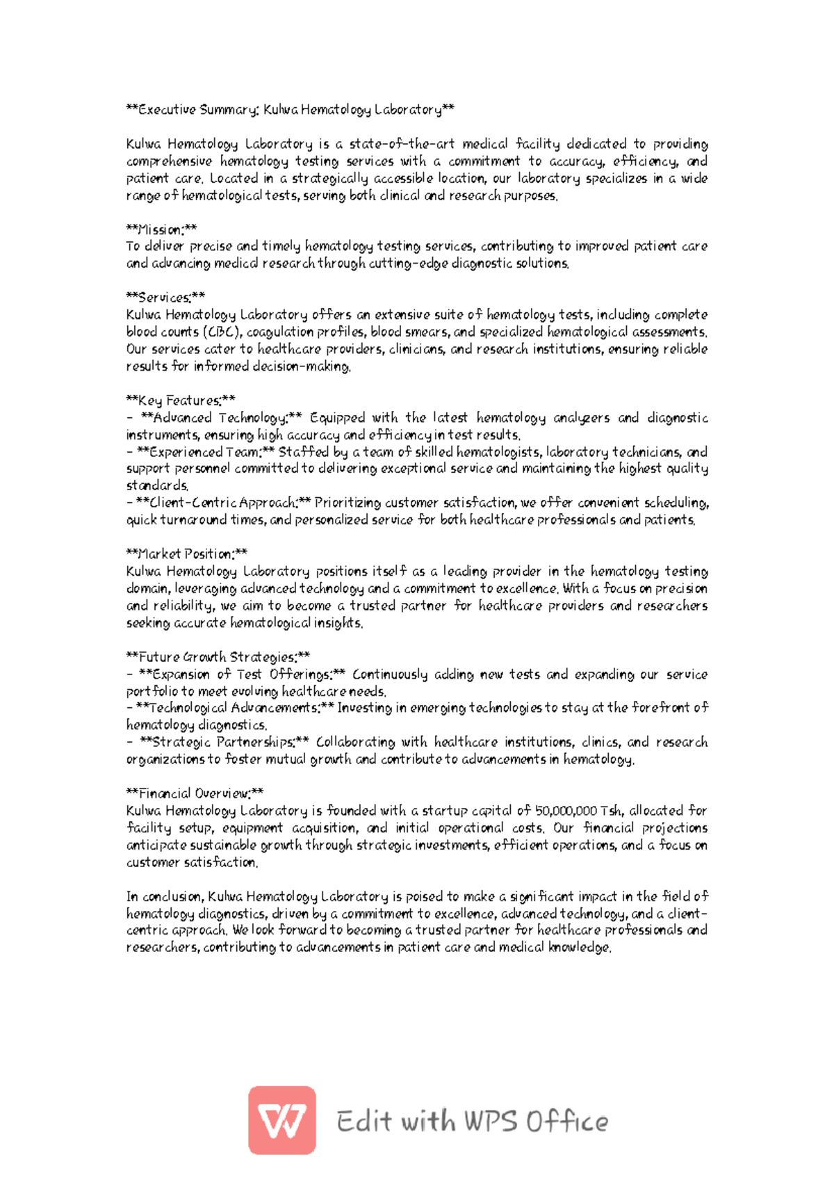 Executive Summa-WPS Office - Executive Summary: Kulwa Hematology Laboratory Kulwa Hematology ...