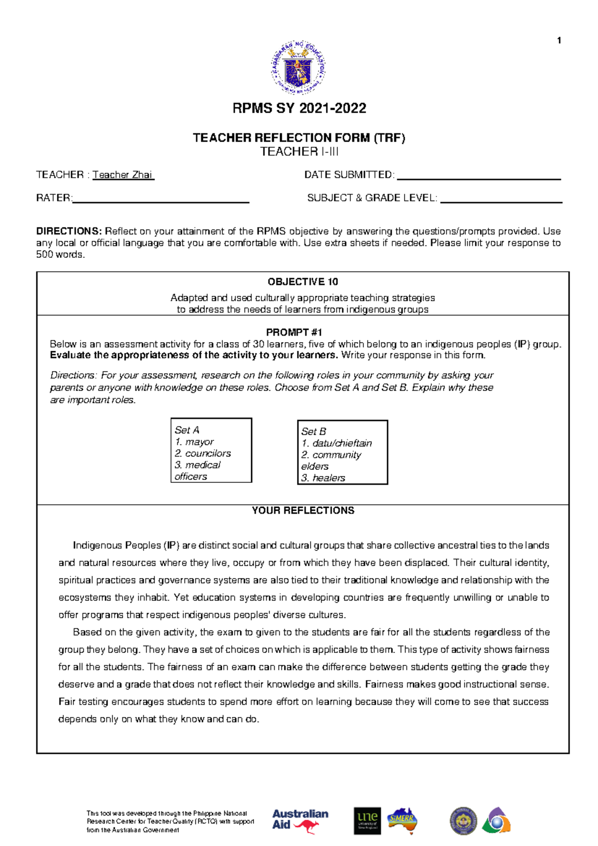 Teacher Zhai[Appendix 4A] Teacher Reflection Form for T I-III for RPMS ...