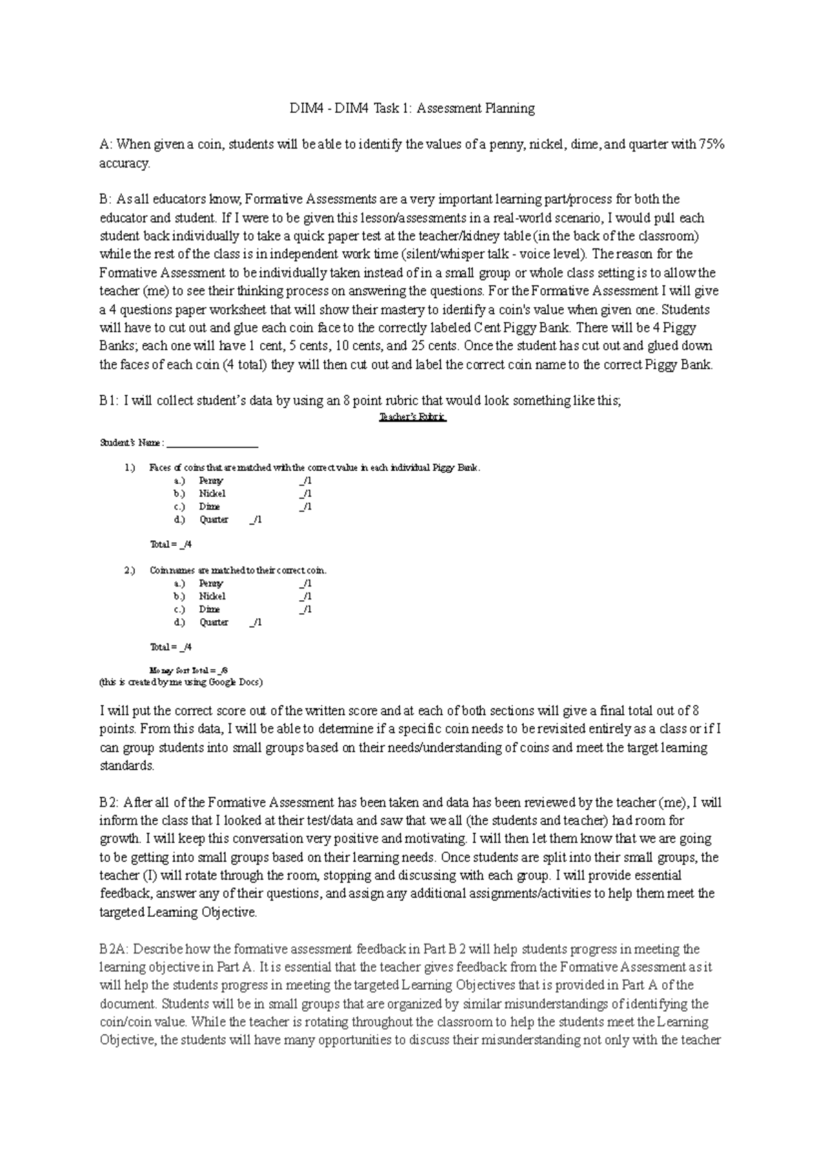 DIM4 - Task 1 - n/a - DIM4 - DIM4 Task 1: Assessment Planning A: When ...