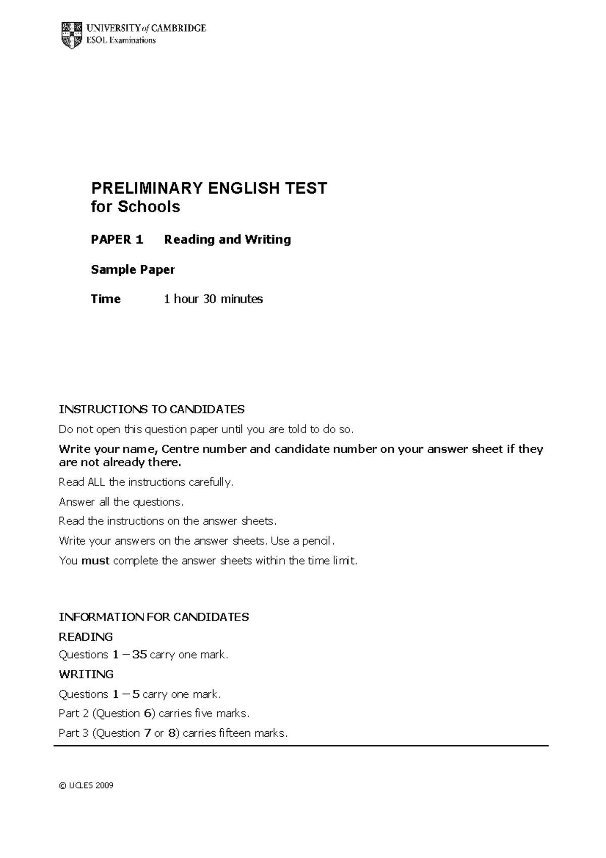 PET schl RW Sample Paper Revised - PRELIMINARY ENGLISH TEST for Schools ...