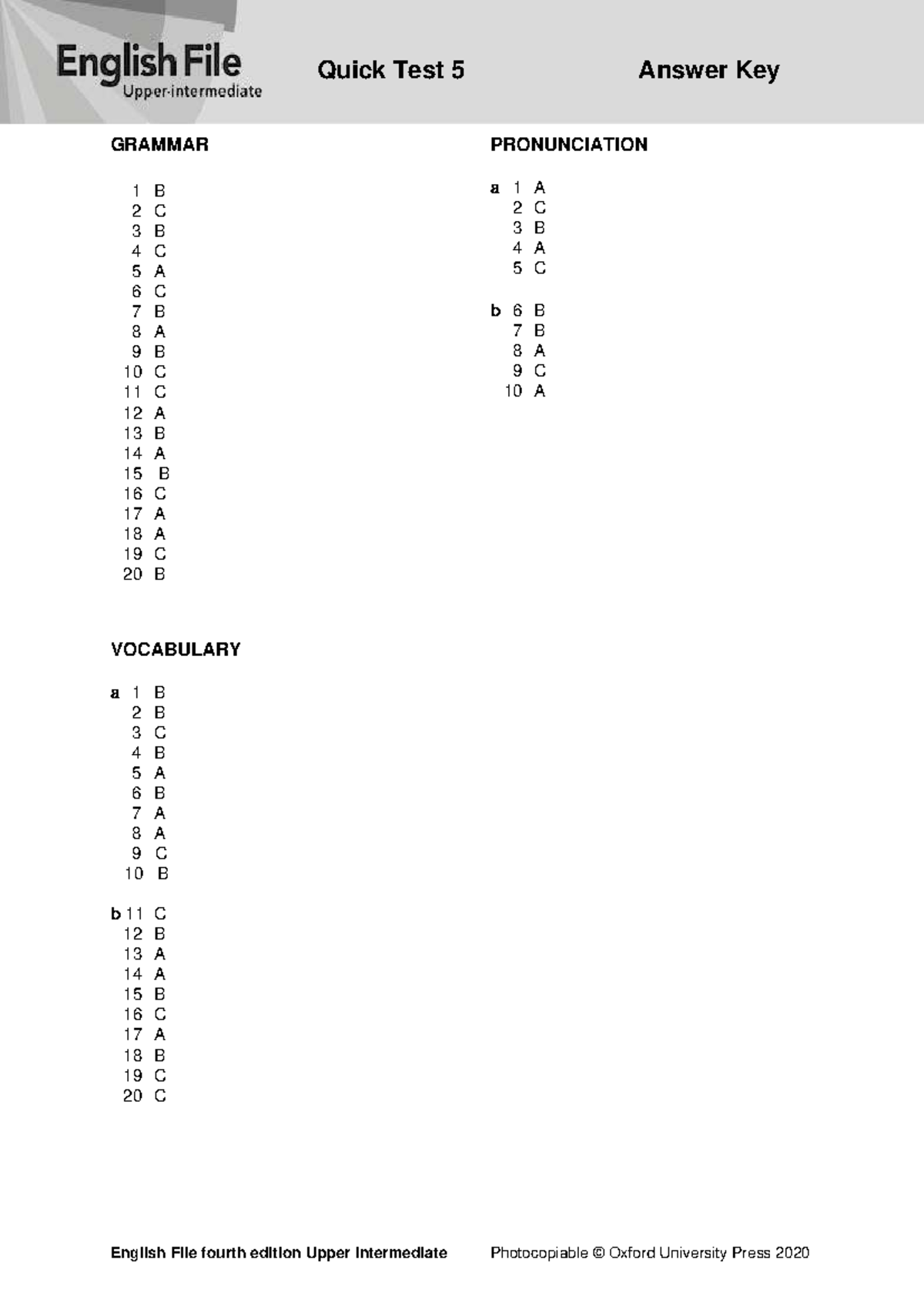 EF4e Upp Int Answer Key 5 - Quick Test 5 Answer Key English File fourth ...
