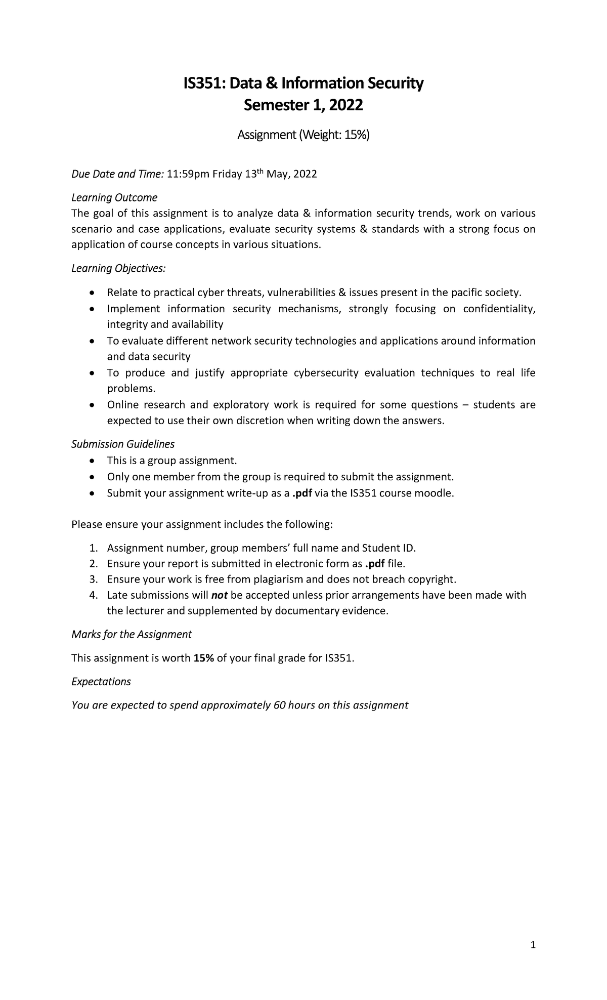 Assignment - IS351: Data & Information Security Semester 1, 2022 ...