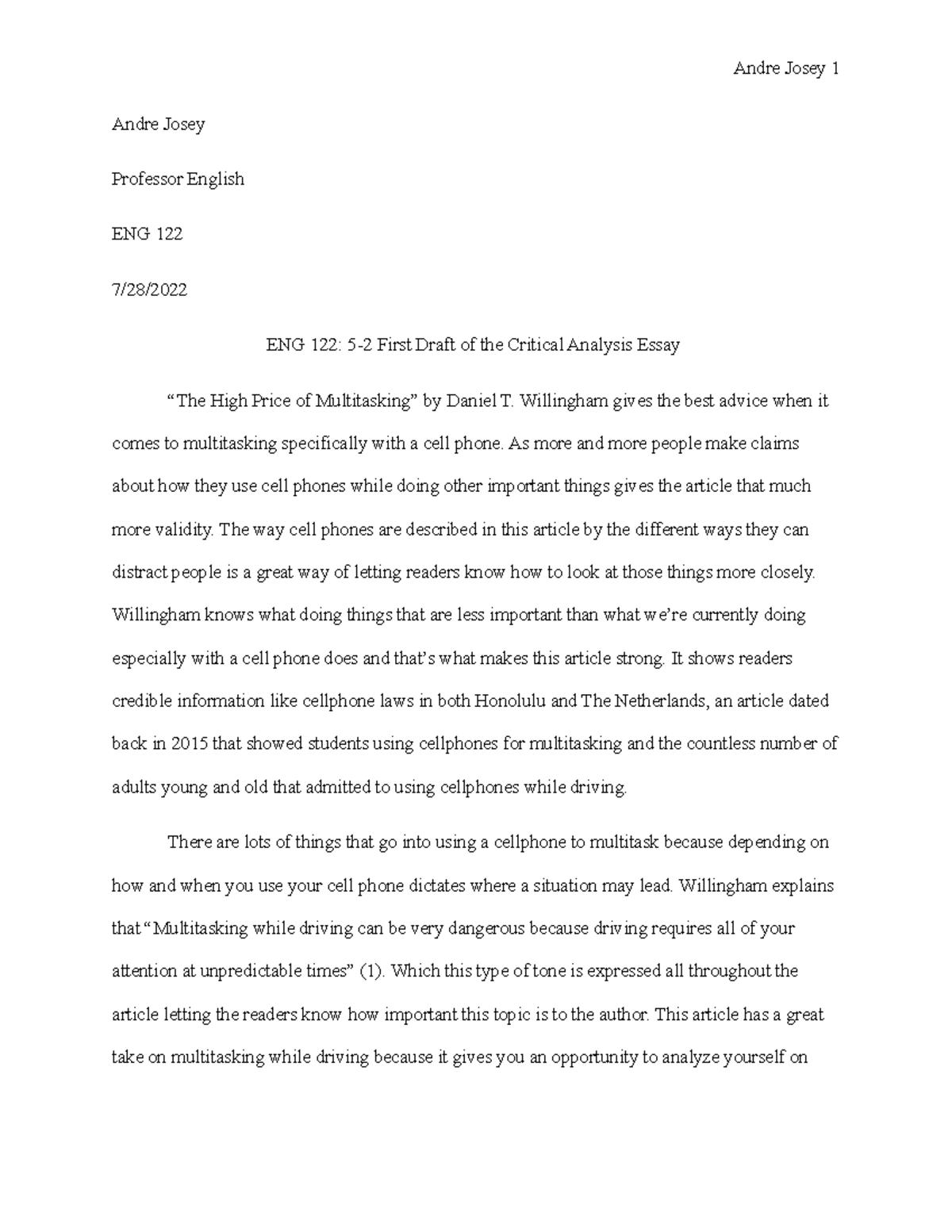 Andre Josey First Draft of the Critical Analysis Essay - ENG123 - SNHU ...