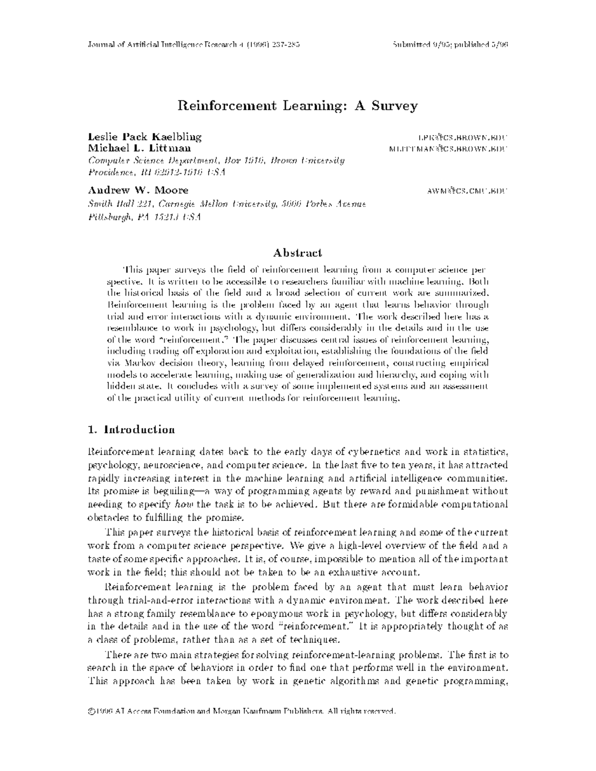 Reinforcement Learning Survey - Journal of Arti cial Intelligence ...