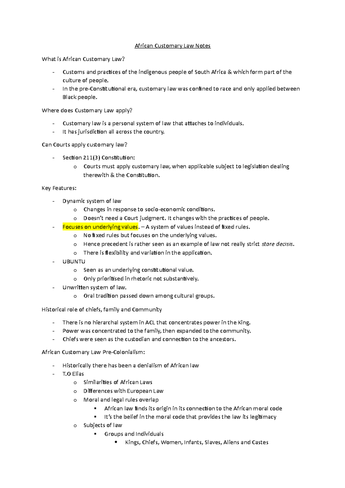 African Customary Law Notes - In the pre-Constitutional era, customary ...