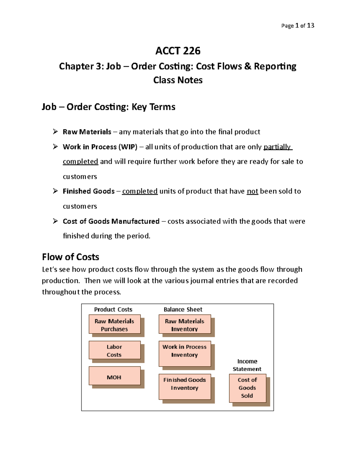 Chapter 3 Notes - ACCT 226 Chapter 3: Job – Order Costing: Cost Flows ...