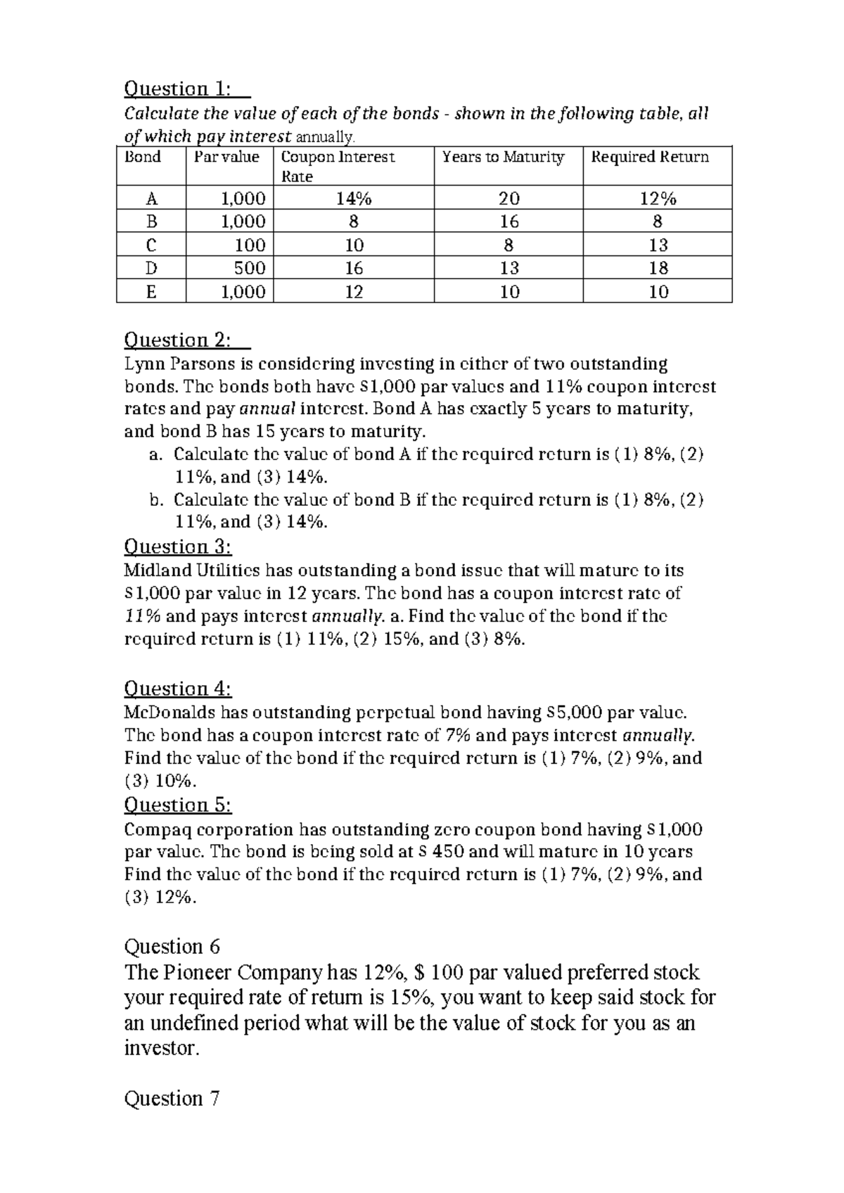 Bond Valuation Practice BC17 - Question 1: Calculate the value of each ...