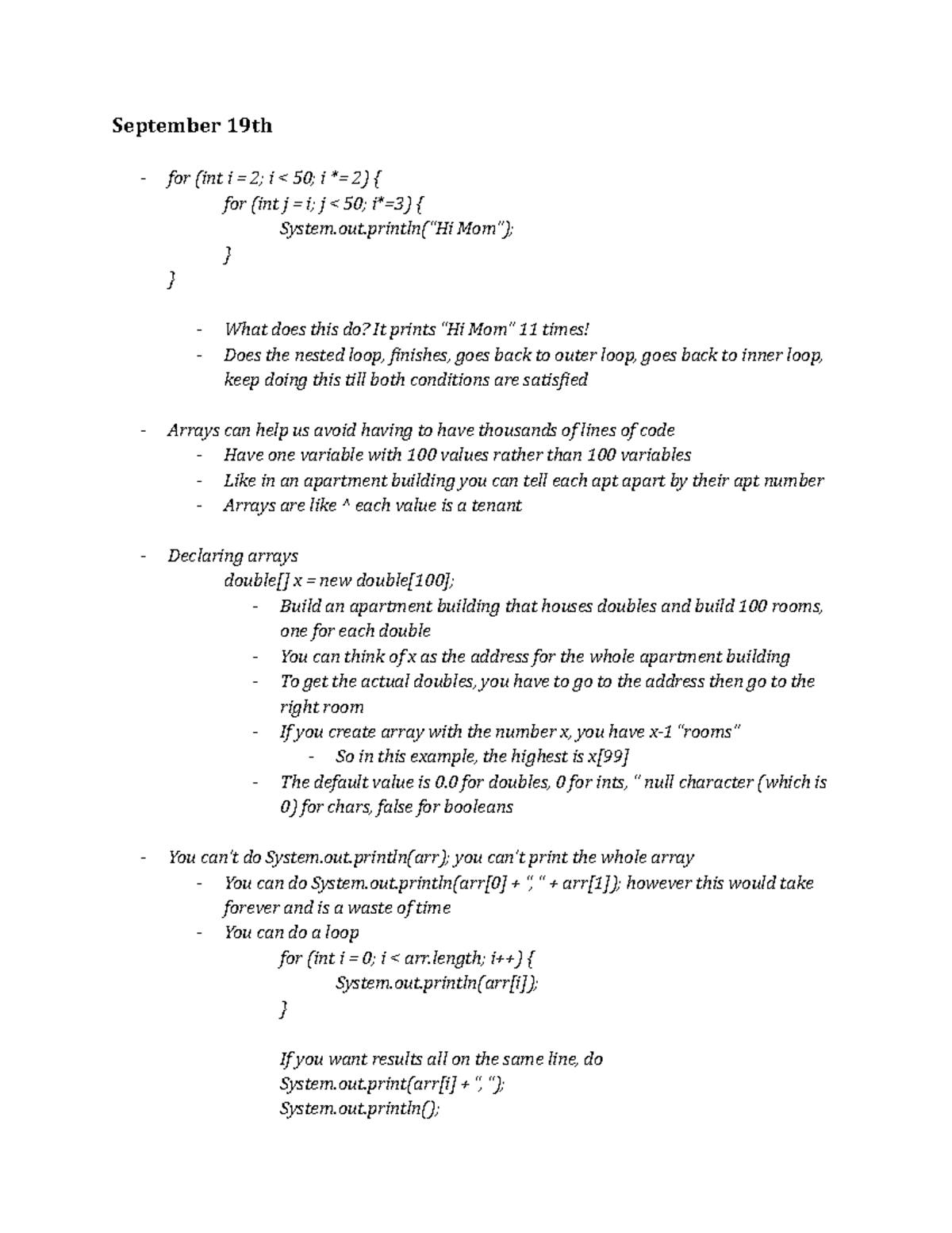 Class 9 Notes - Java programming arrays. Dr. McBurney and Dr. Malley ...