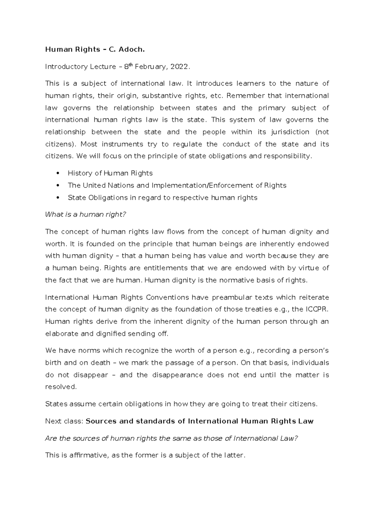 International Human Rights - Human Rights – C. Adoch. Introductory ...