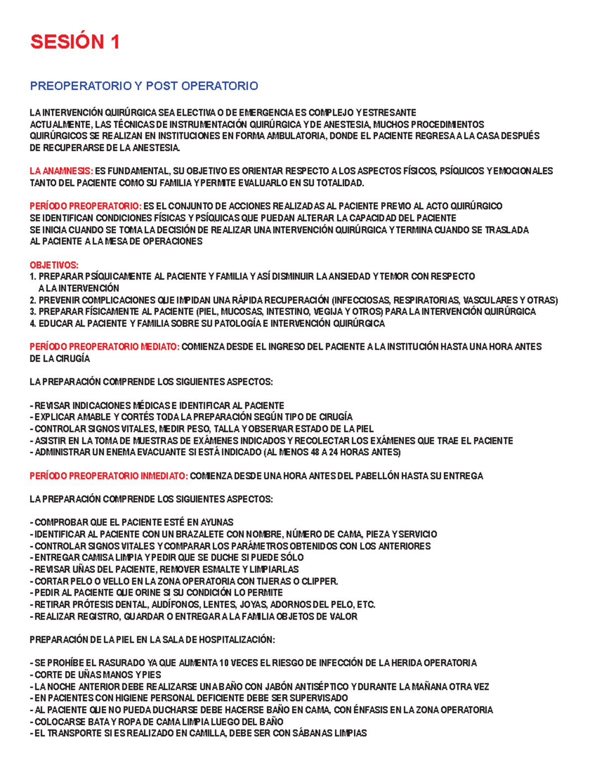Período Preoperatorio 1 - SESIÓN 1 PREOPERATORIO Y POST OPERATORIO LA ...