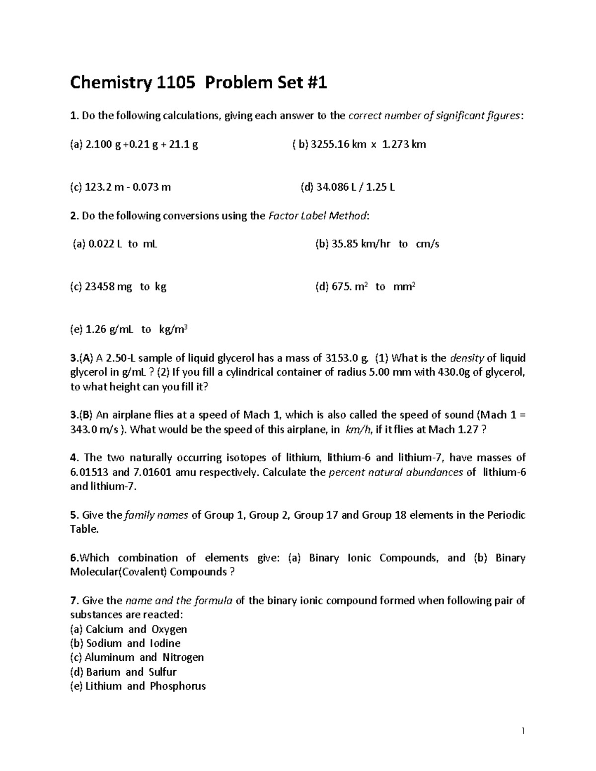 Problem Set 1 - Practice Q's - 1 Chemistry 1105 Problem Set Do the ...