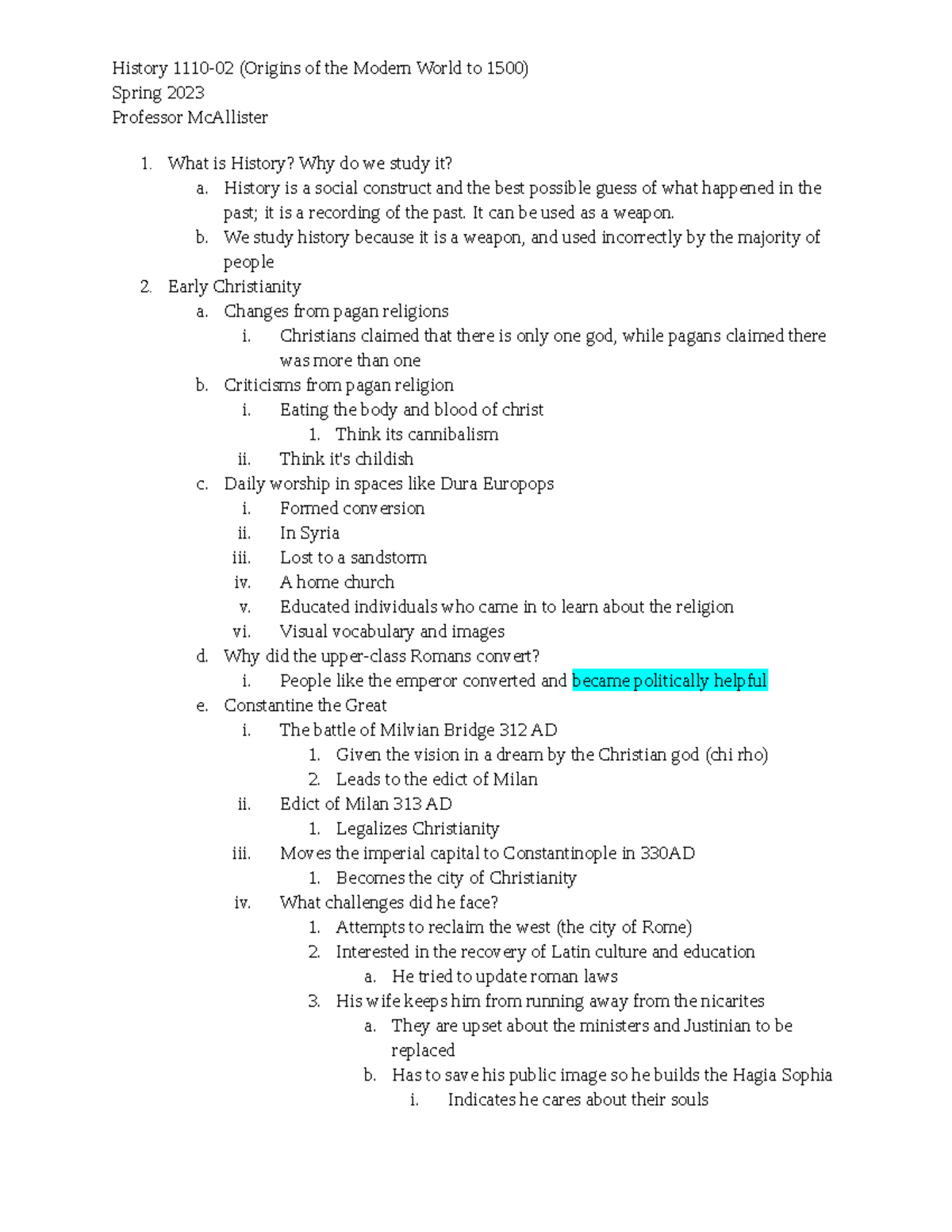 Midterm Study Guide - Professor McAllister Spring 2023 - History 1110 ...