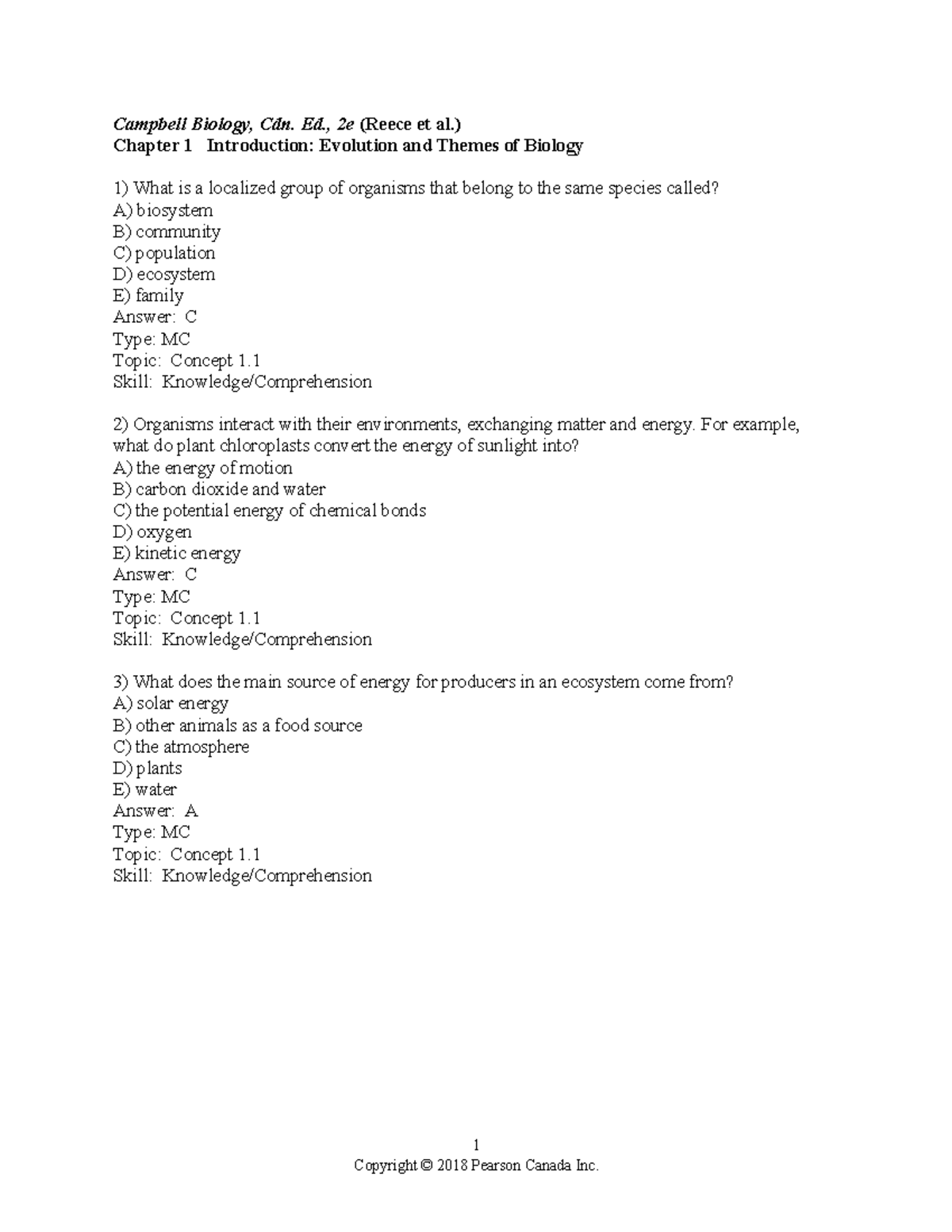 Chapter 1 Test bank for Campbell Biology, Cdn. Ed., 2e (Reece et al ...