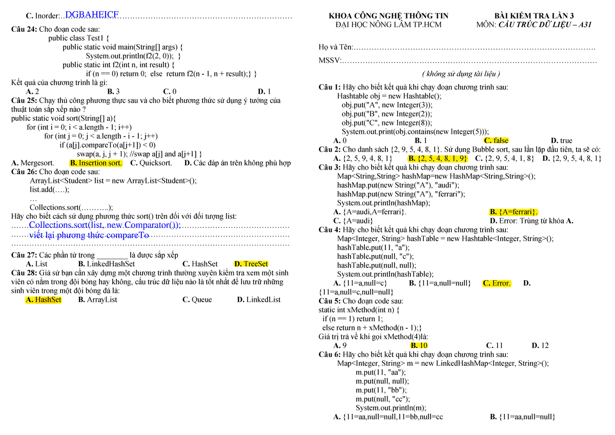 Trắc nghiệm Java Collection - C. - Studocu