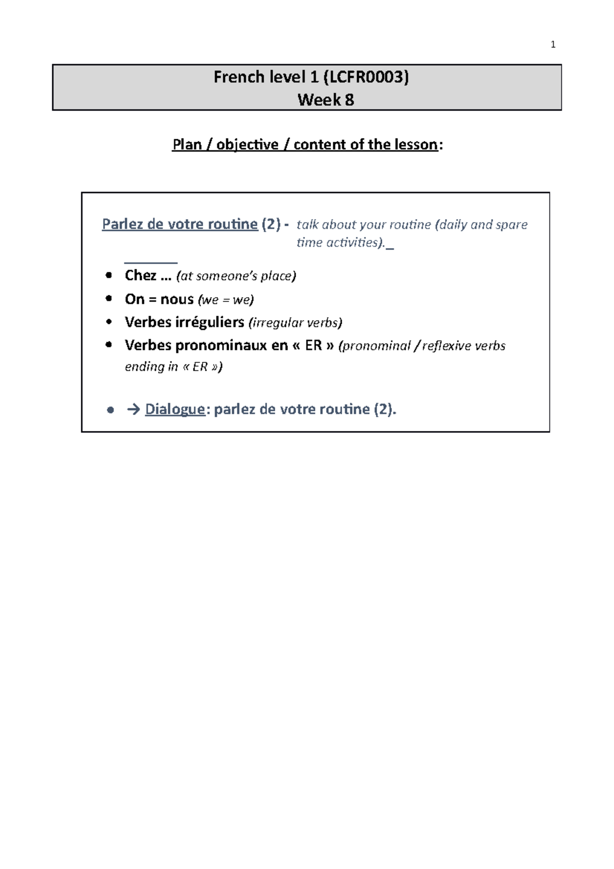 Handouts week 8 - jorge - French level 1 (LCFR0003) Week 8 Plan ...