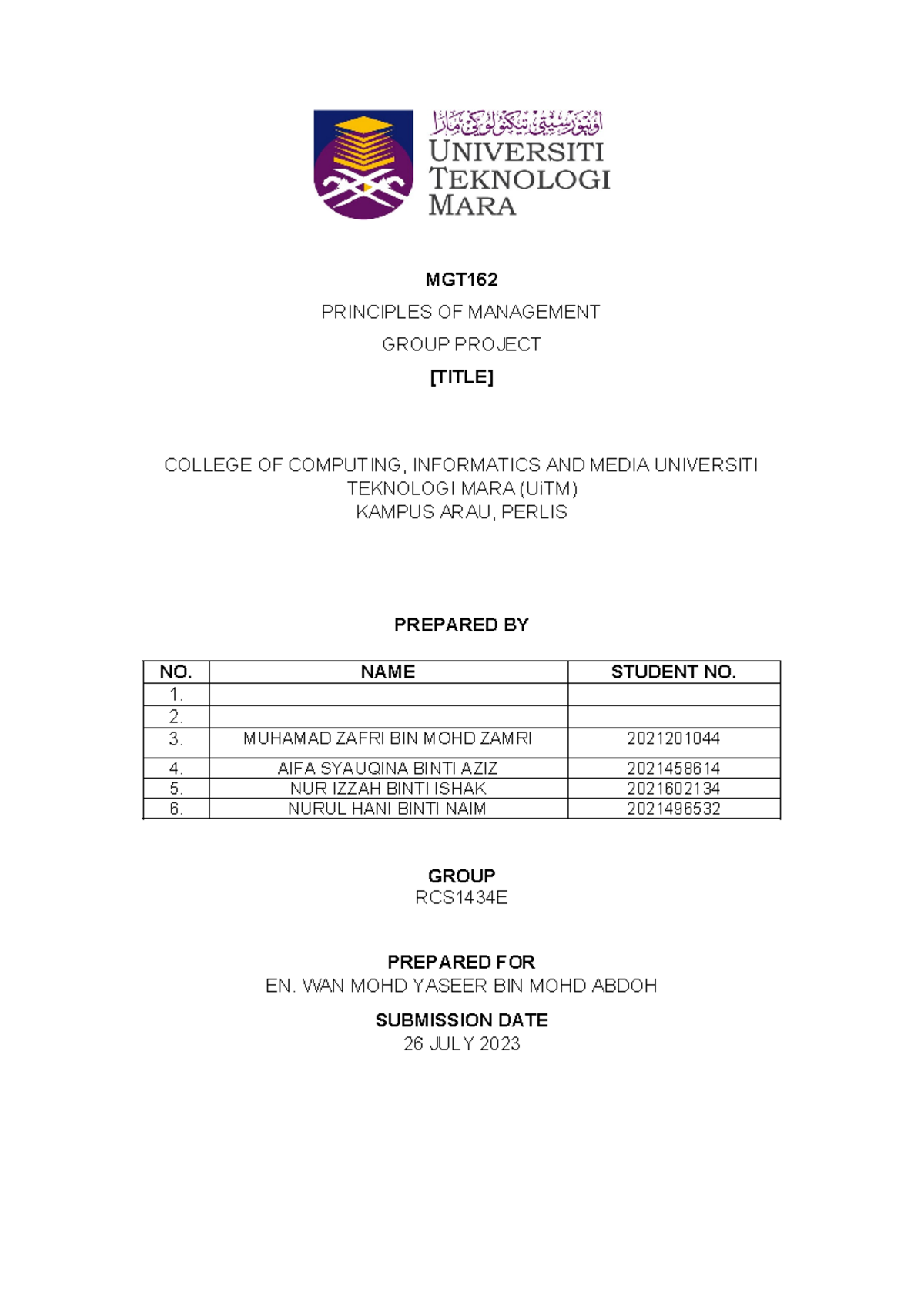 MGT162 Final Report - MGT PRINCIPLES OF MANAGEMENT GROUP PROJECT [TITLE ...