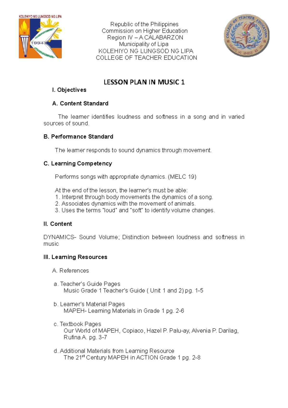 Lesson PLAN IN Music - golf - LESSON PLAN IN MUSIC 1 I. Objectives A ...