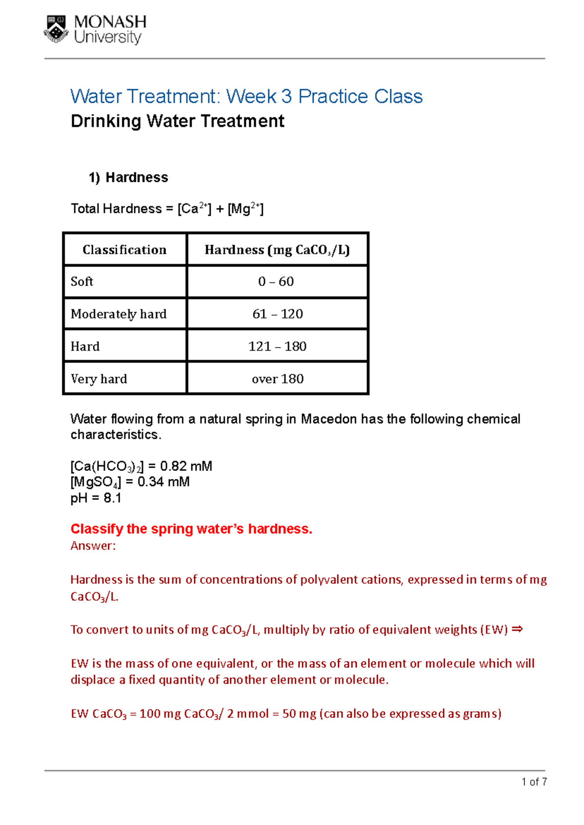Water Treatment Week 3 Practice Class KEY - Water Treatment: Week 3 ...