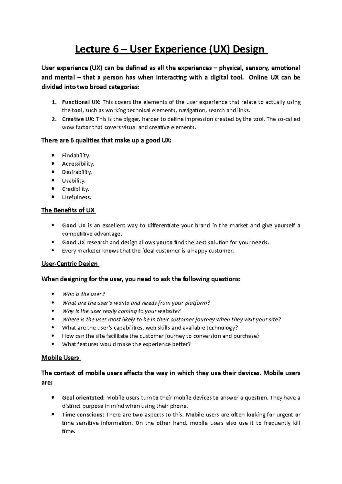 Lecture 6 - User Experience (UX) Design - Lecture 6 – User Experience ...