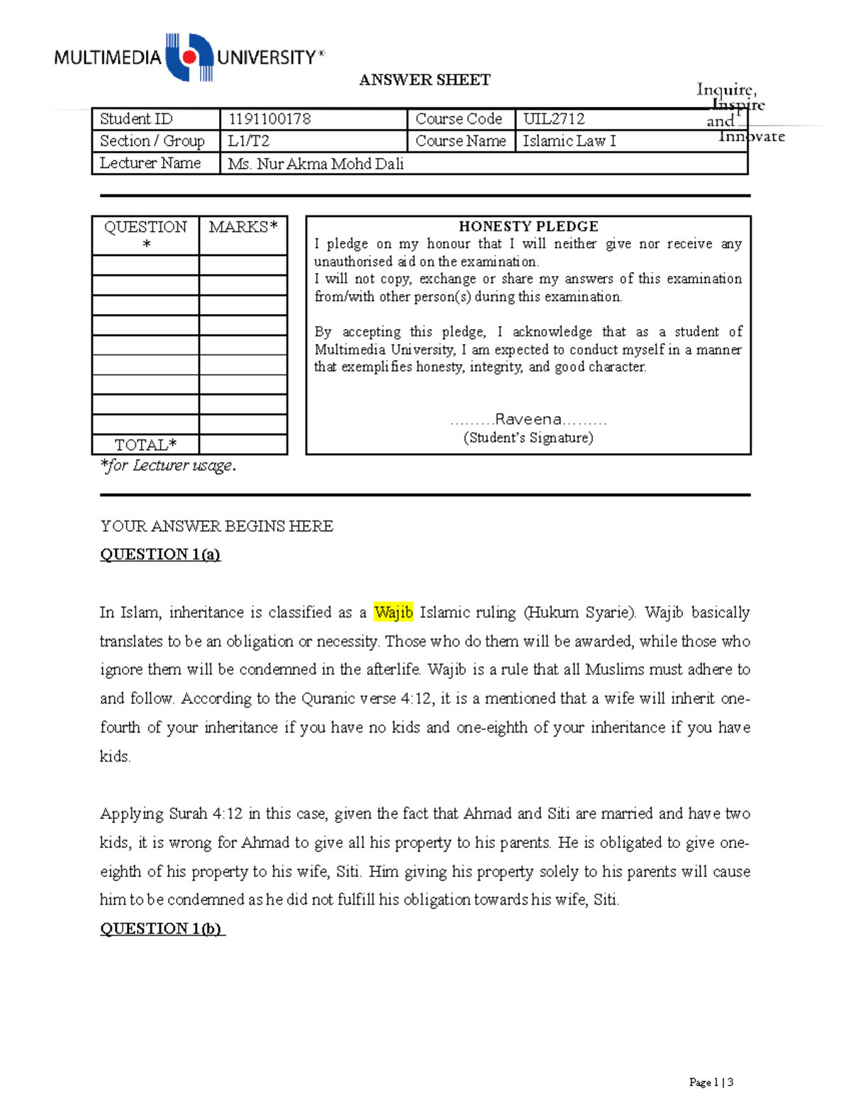 L1 1191100178 UIL2712 T2 - ANSWER SHEET Student ID 1191100178 Course ...