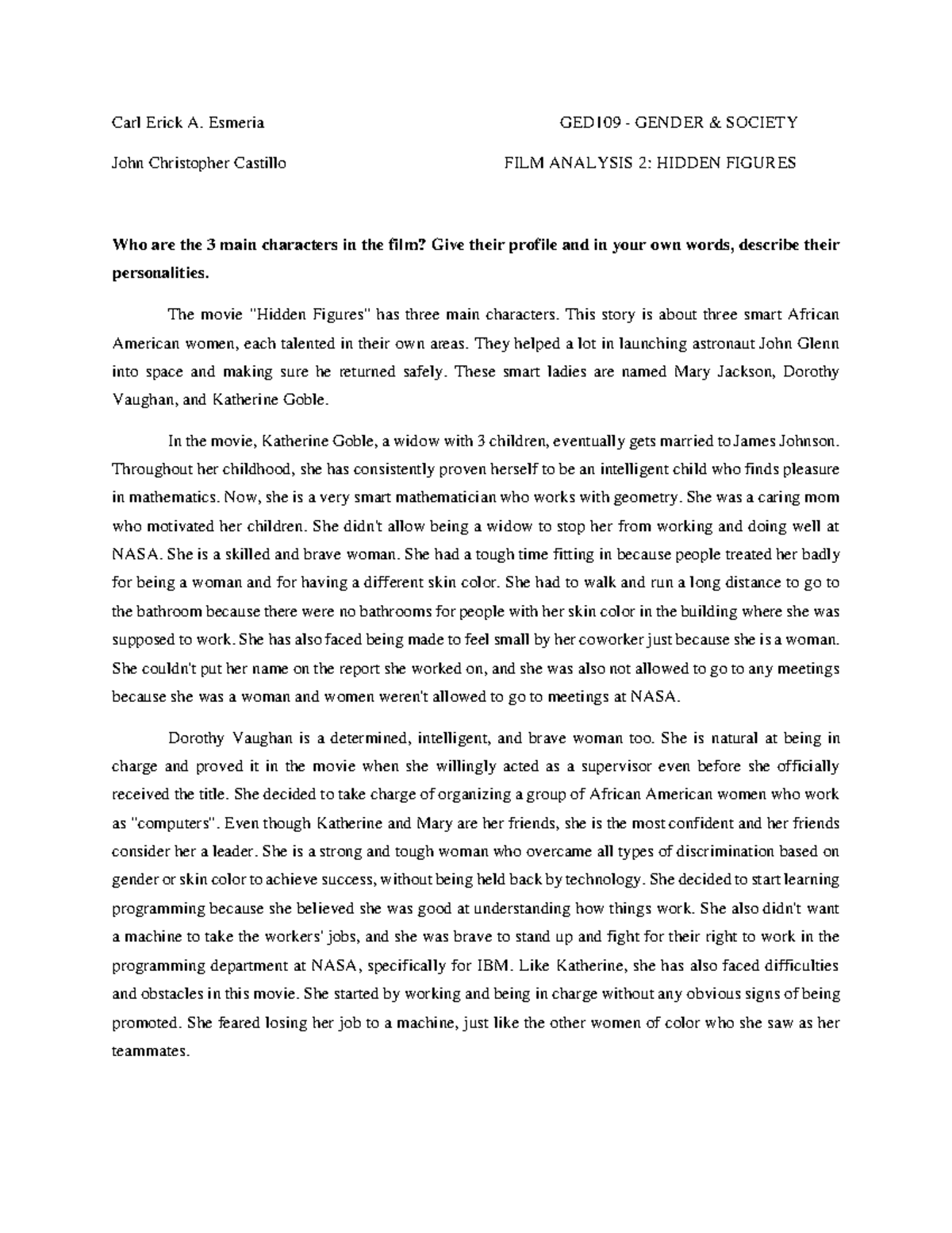 Film Analysis 2 Essay - Carl Erick A. Esmeria GED109 - GENDER & SOCIETY ...