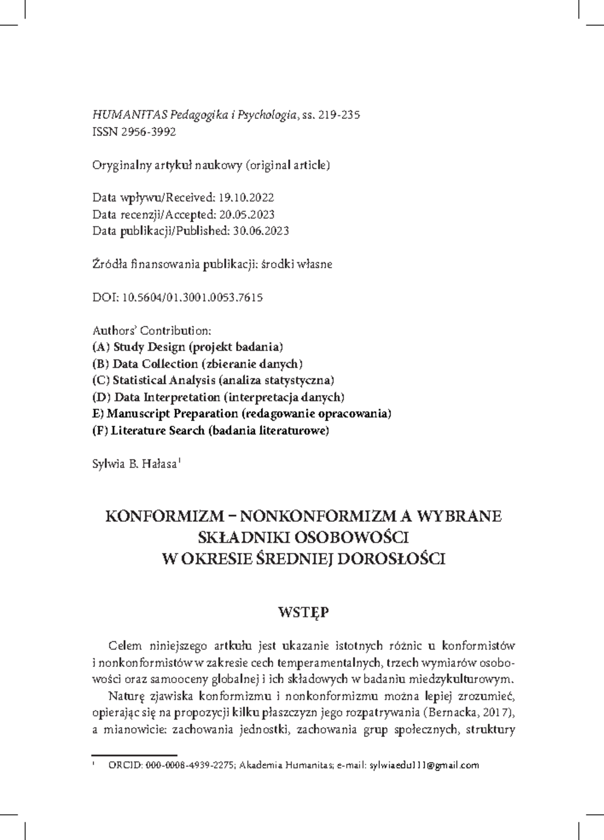 Konformizm - nonkonformizm a wybrane składniki osobowości w okresie średniej dorosłości ...
