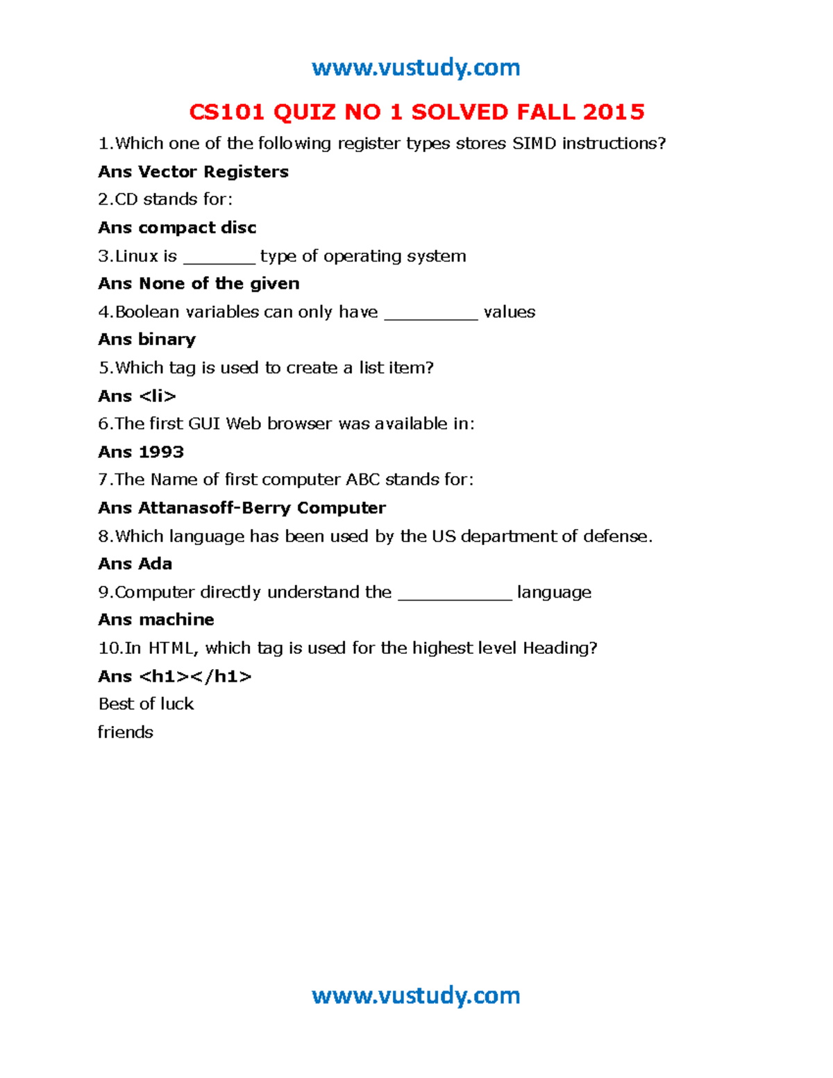 Cs101 quiz no 1 solved fall 2015 - vustudy CS101 QUIZ NO 1 SOLVED FALL 2015 1 one of the ...
