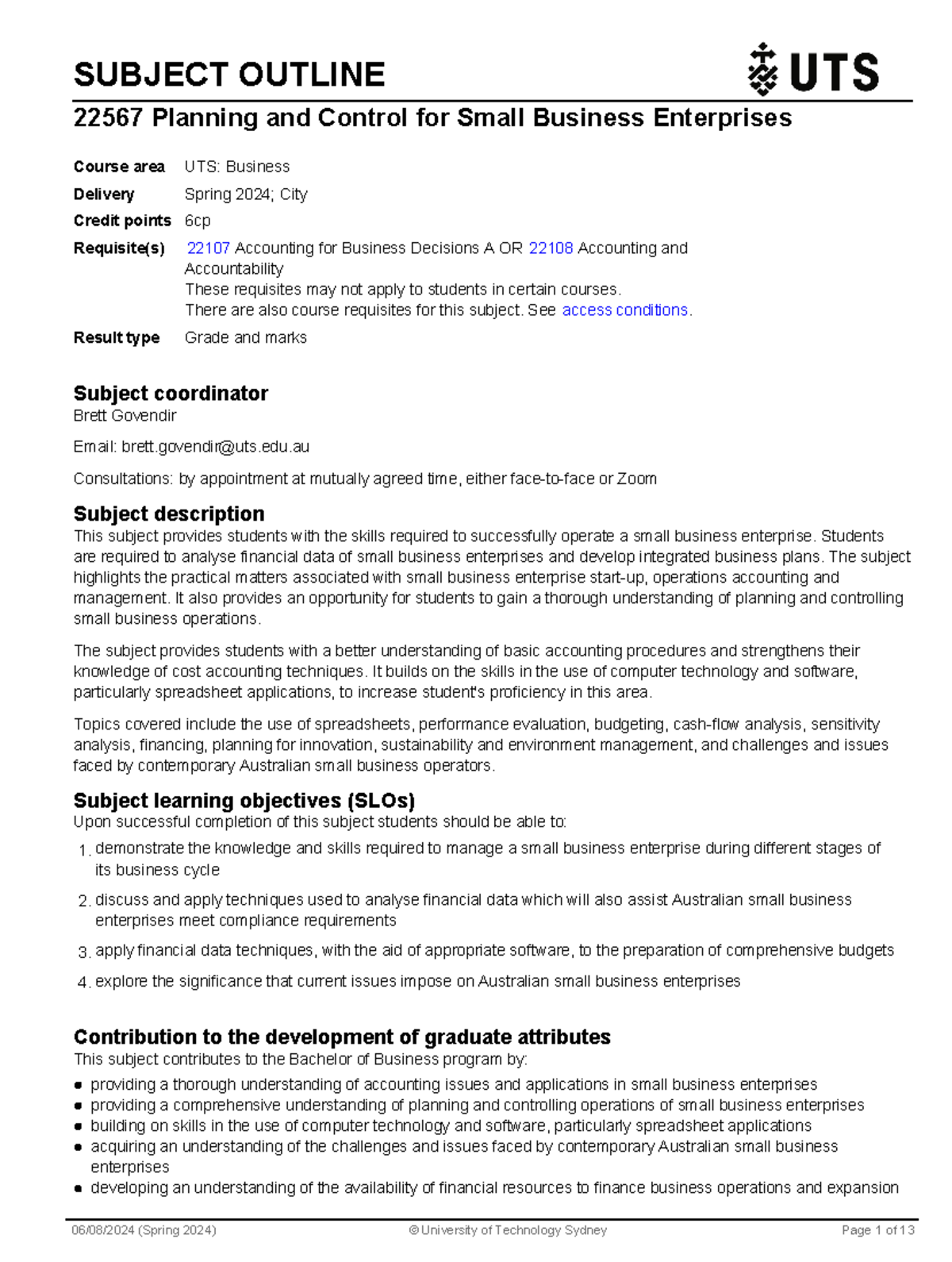 PCSB Subject Outline - SUBJECT OUTLINE 22567 Planning and Control for ...
