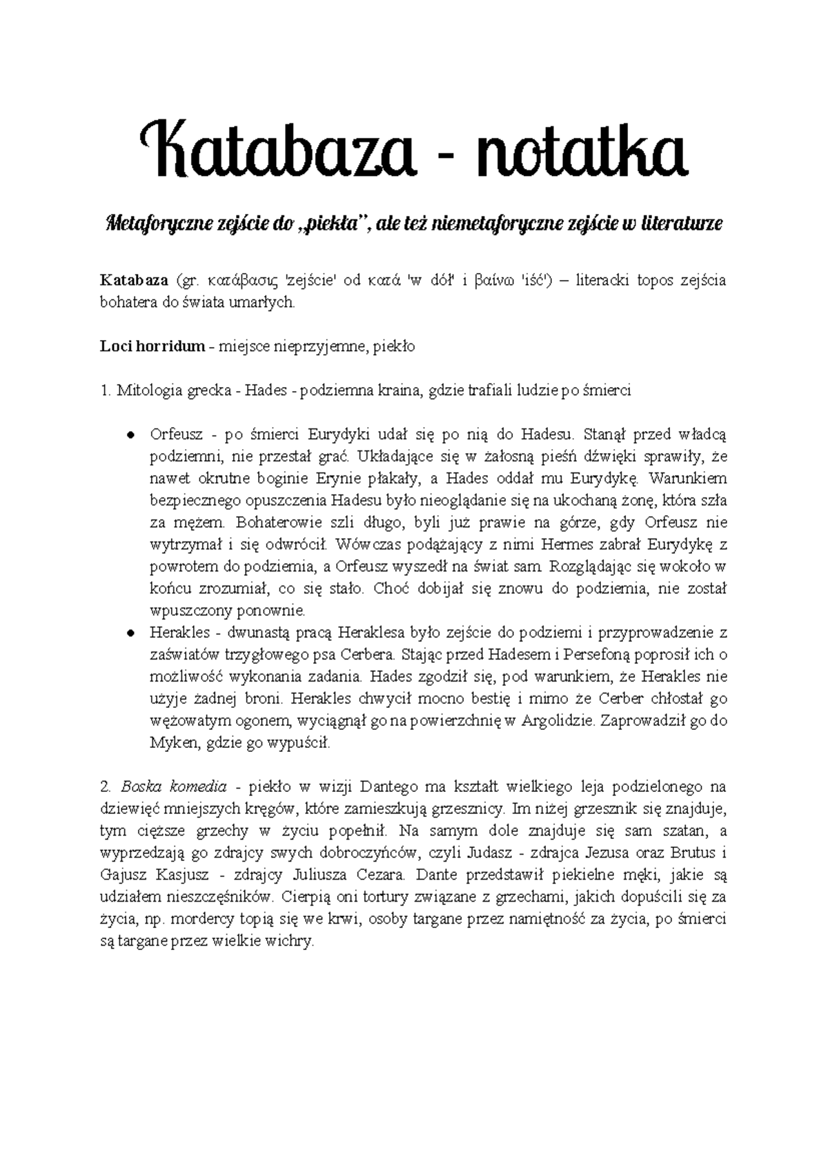 Katabaza notatka - Katabaza - notatka Metaforyczne zejście do ,,piekła ...