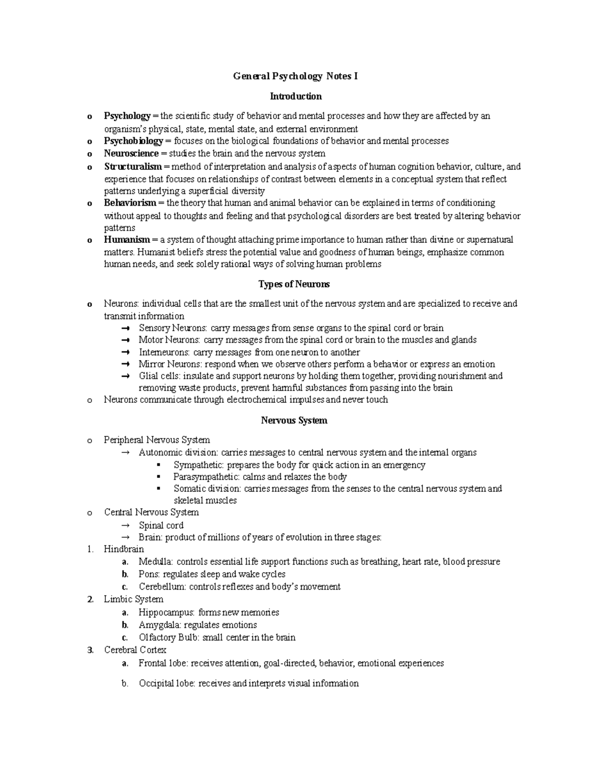 General Psychology Notes I - General Psychology Notes I Introduction o ...