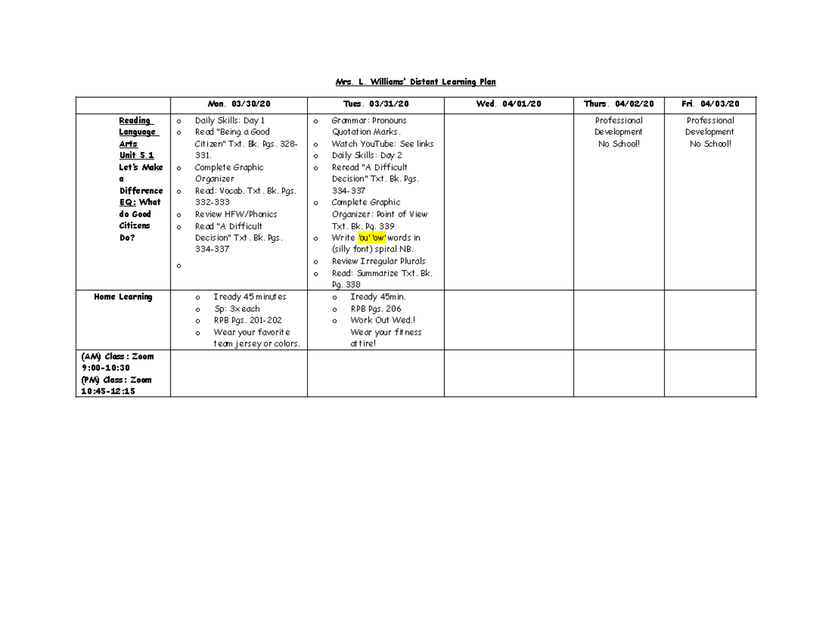 5.1 Distance Learning PLAN - Mrs. L. Williams’ Distant Learning Plan Mon. 03/30/20 Tues. 03/31 ...