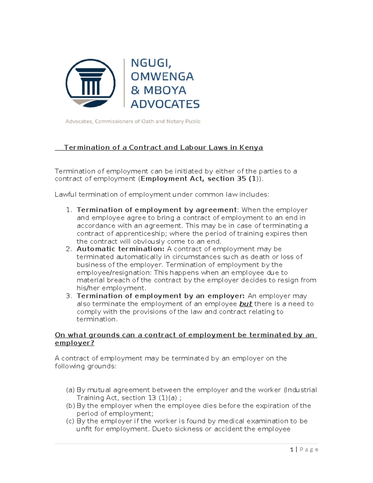 Termination of Employment - Termination of a Contract and Labour Laws ...