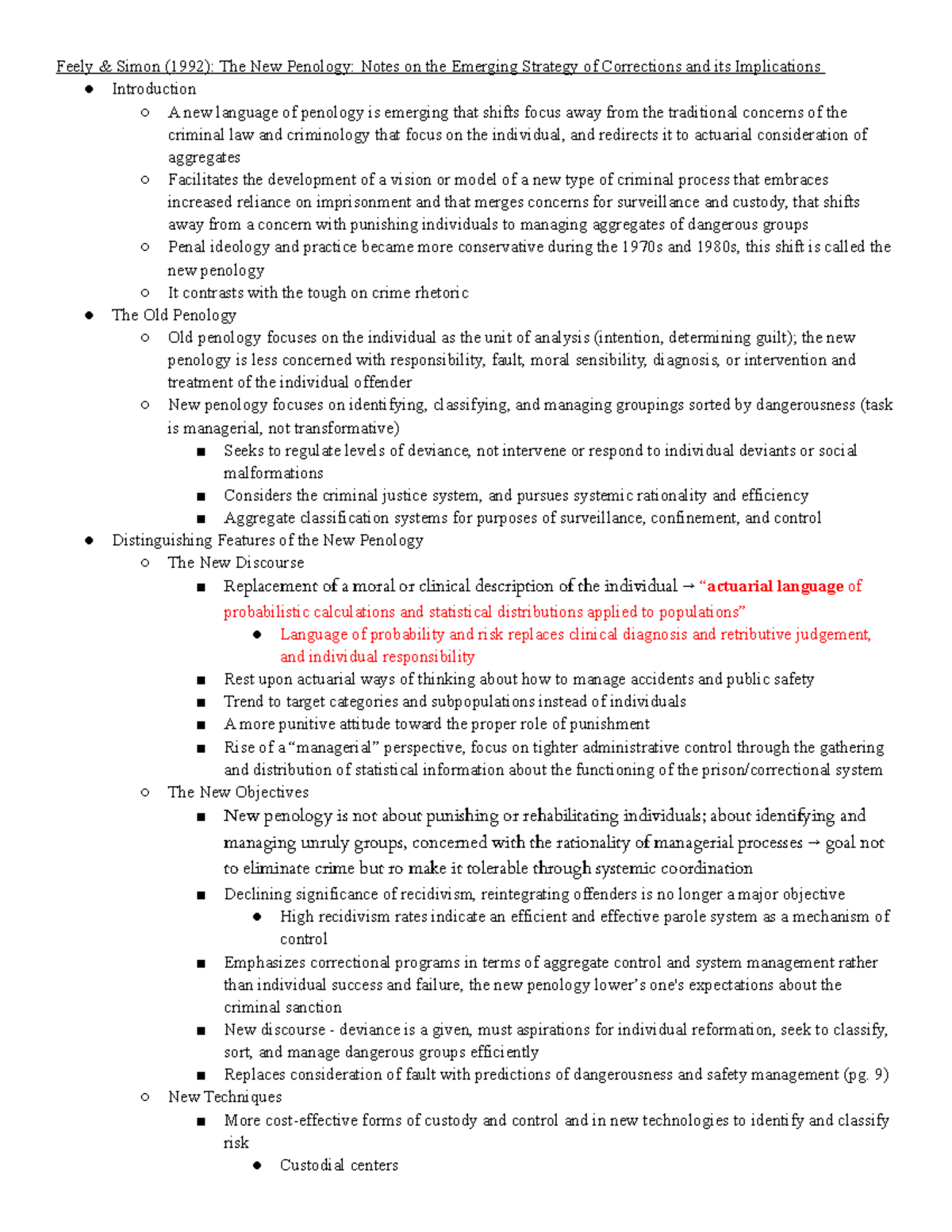 Week 8 Notes - this is a criminology note - Feely & Simon (1992): The ...
