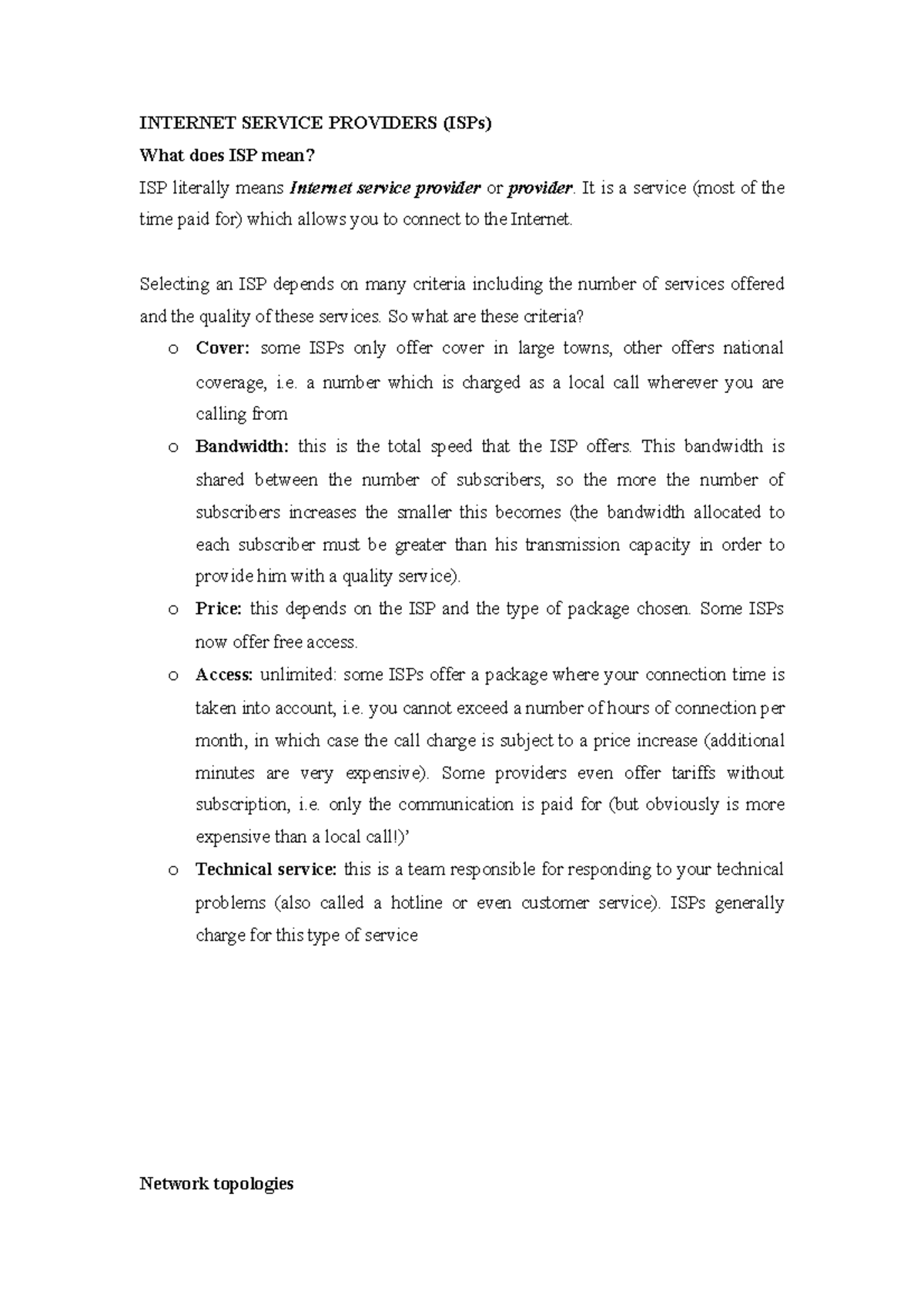 Network topologies - NOTES - INTERNET SERVICE PROVIDERS (ISPs) What ...