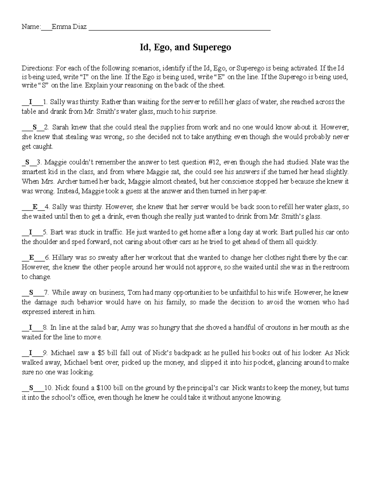 Copy of Emma Diaz - Id, Ego, Superego Examples - Name:___Emma Diaz ...