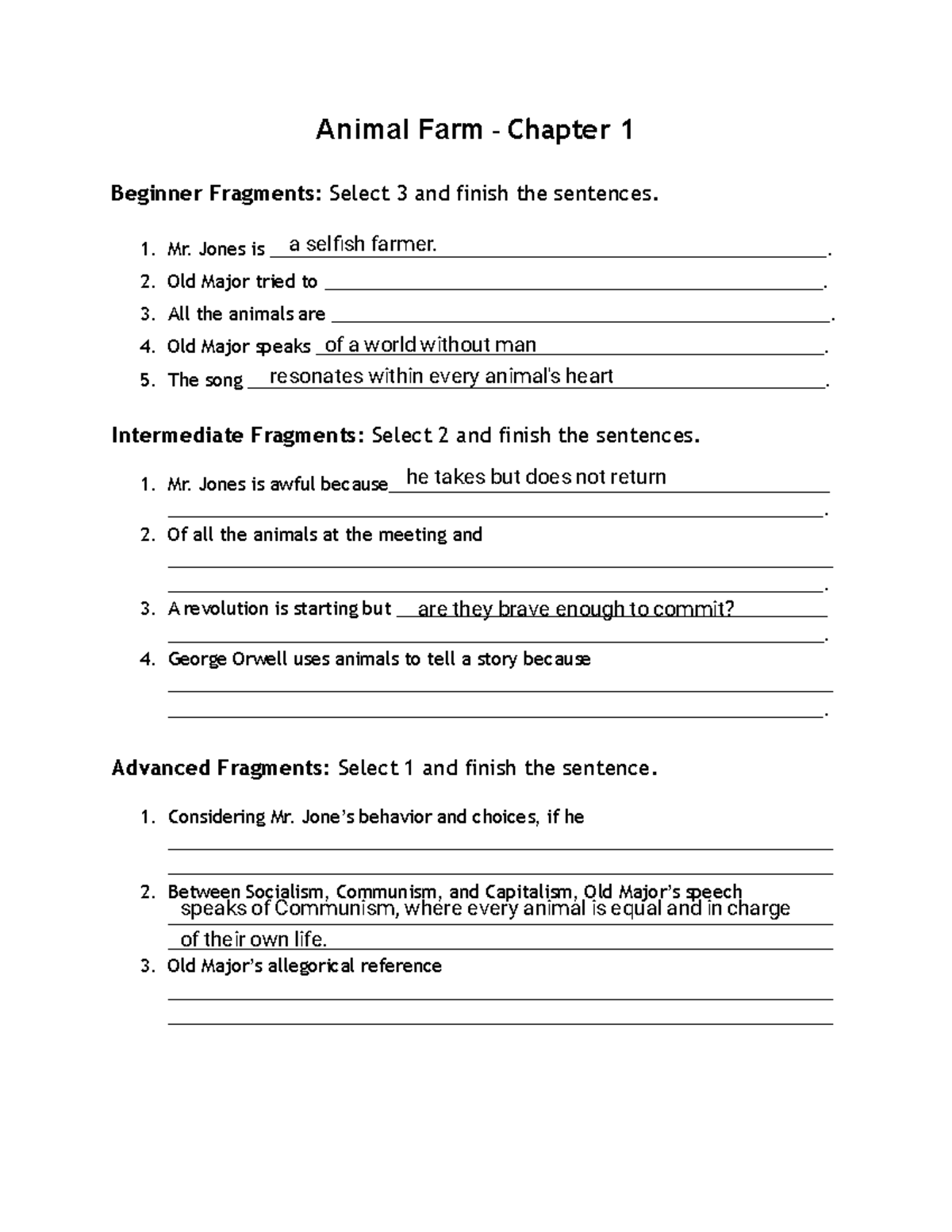 Animal Farm Writing Comprehension - Chapter 1 - Animal Farm - Chapter 1 ...