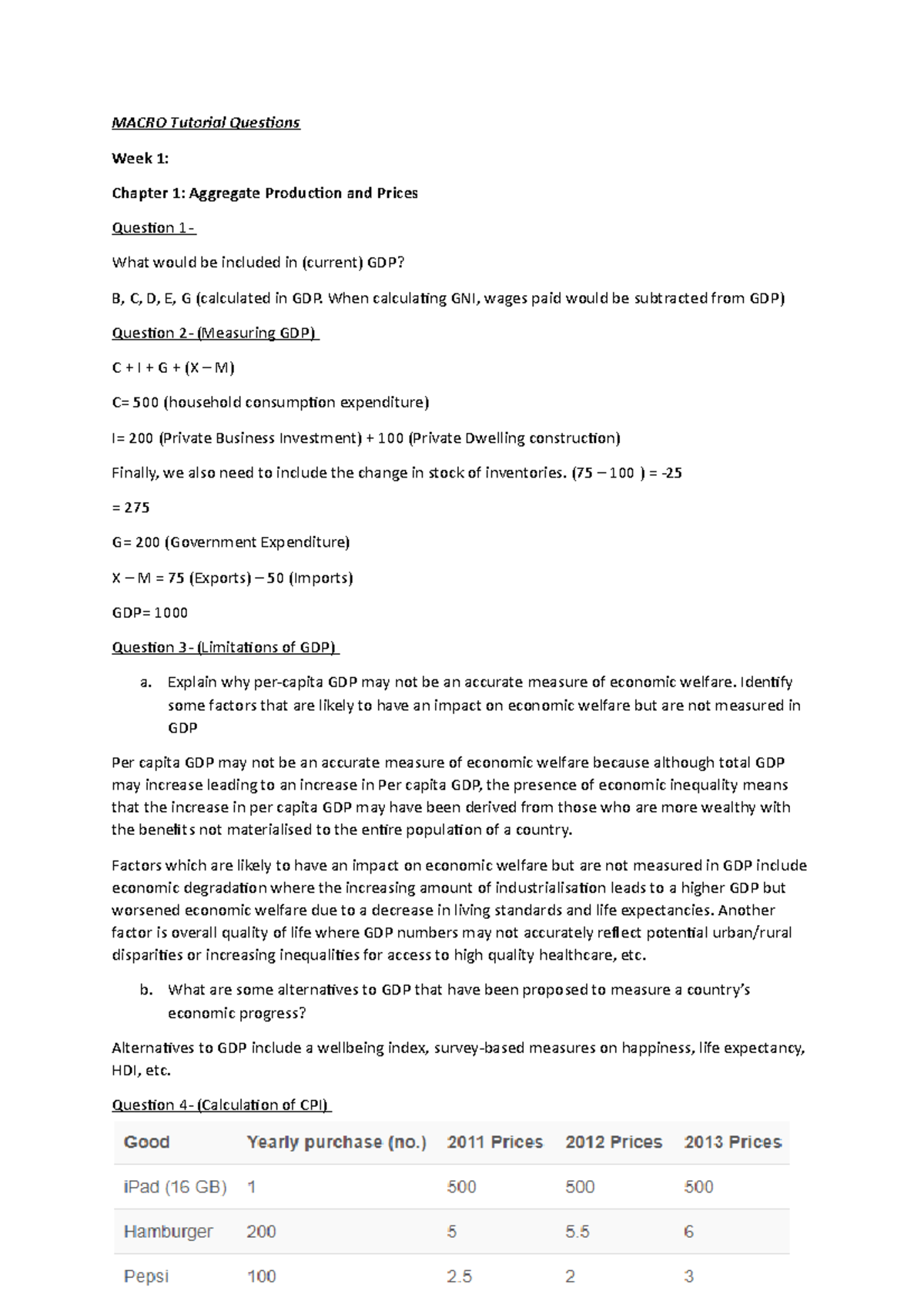 Macro Tutorial Questions Macro Tutorial Questions Week 1 Chapter 1 Aggregate Production And