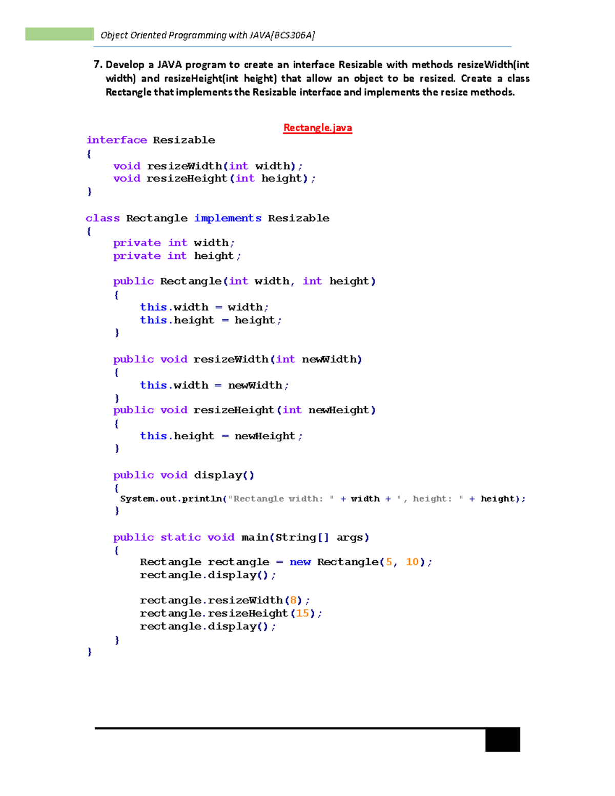 Java Experiment 7 - Jdjfjdn - Object Oriented Programming with JAVA[BCS306A] 7. Develop a JAVA ...
